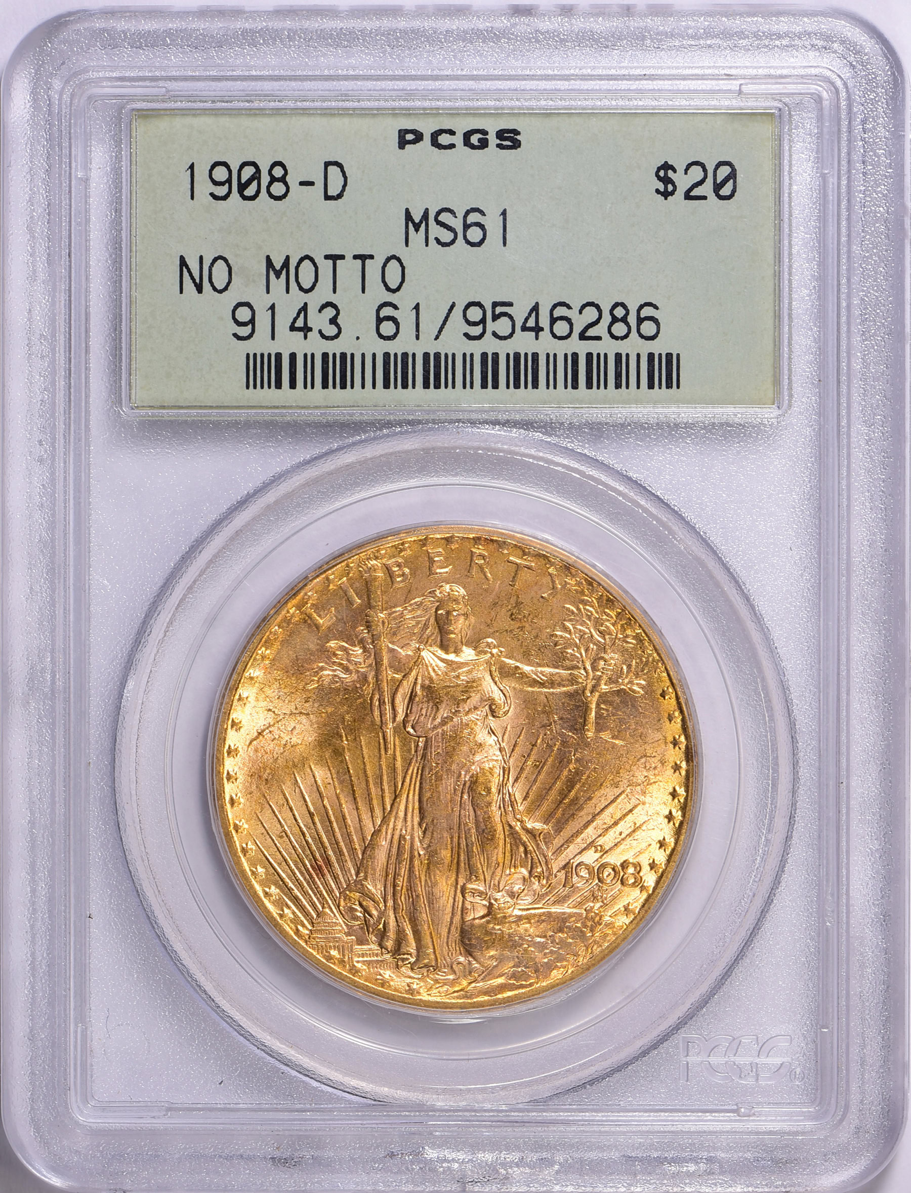 1908-D Saint-Gaudens Gold Double Eagle No Motto PCGS MS-61 OGH (Item 1760524) | GreatCollections ...