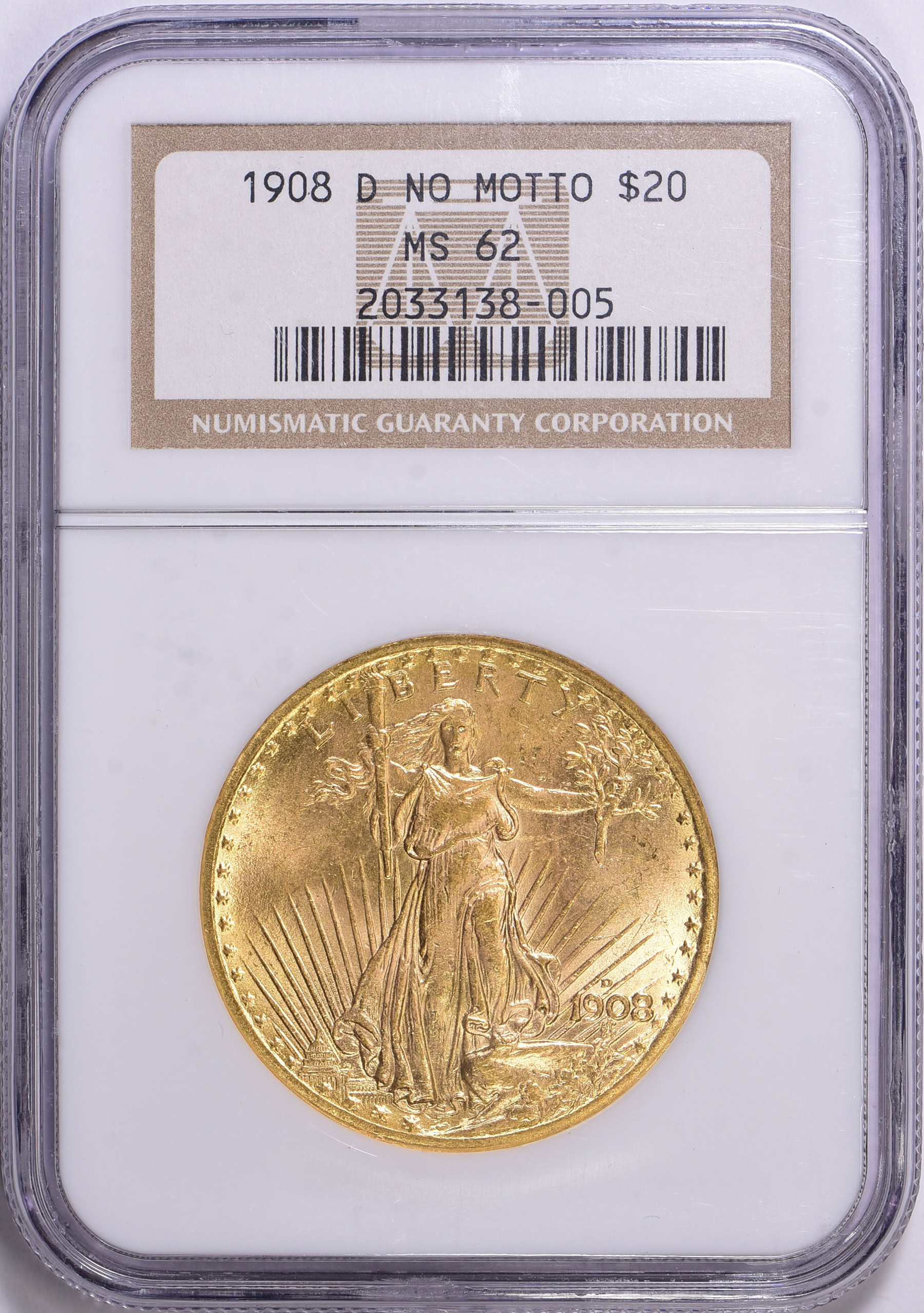 1908-D Saint-Gaudens Gold Double Eagle No Motto NGC MS-62 (Item 1760557) | GreatCollections Coin ...