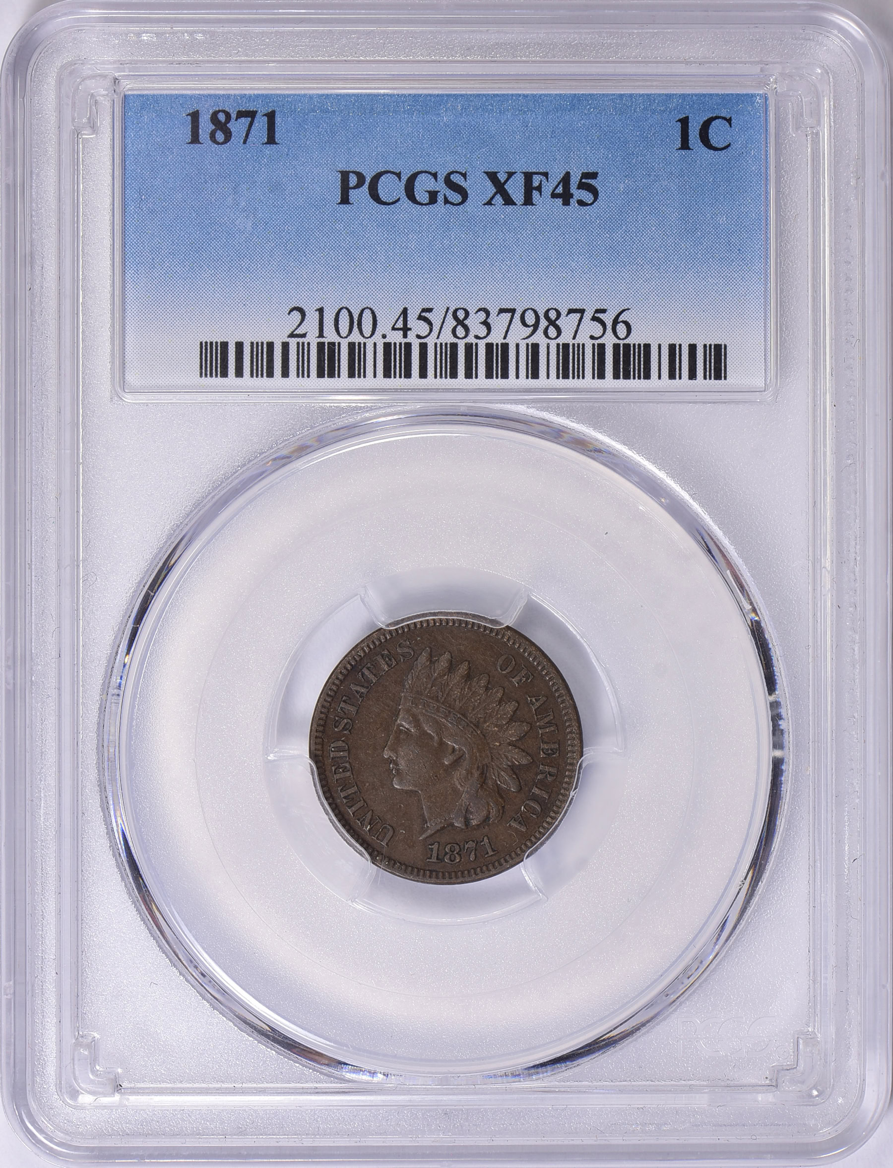 1871 Indian Cent PCGS XF-45 BN (Item 1760599) | GreatCollections Coin Auctions