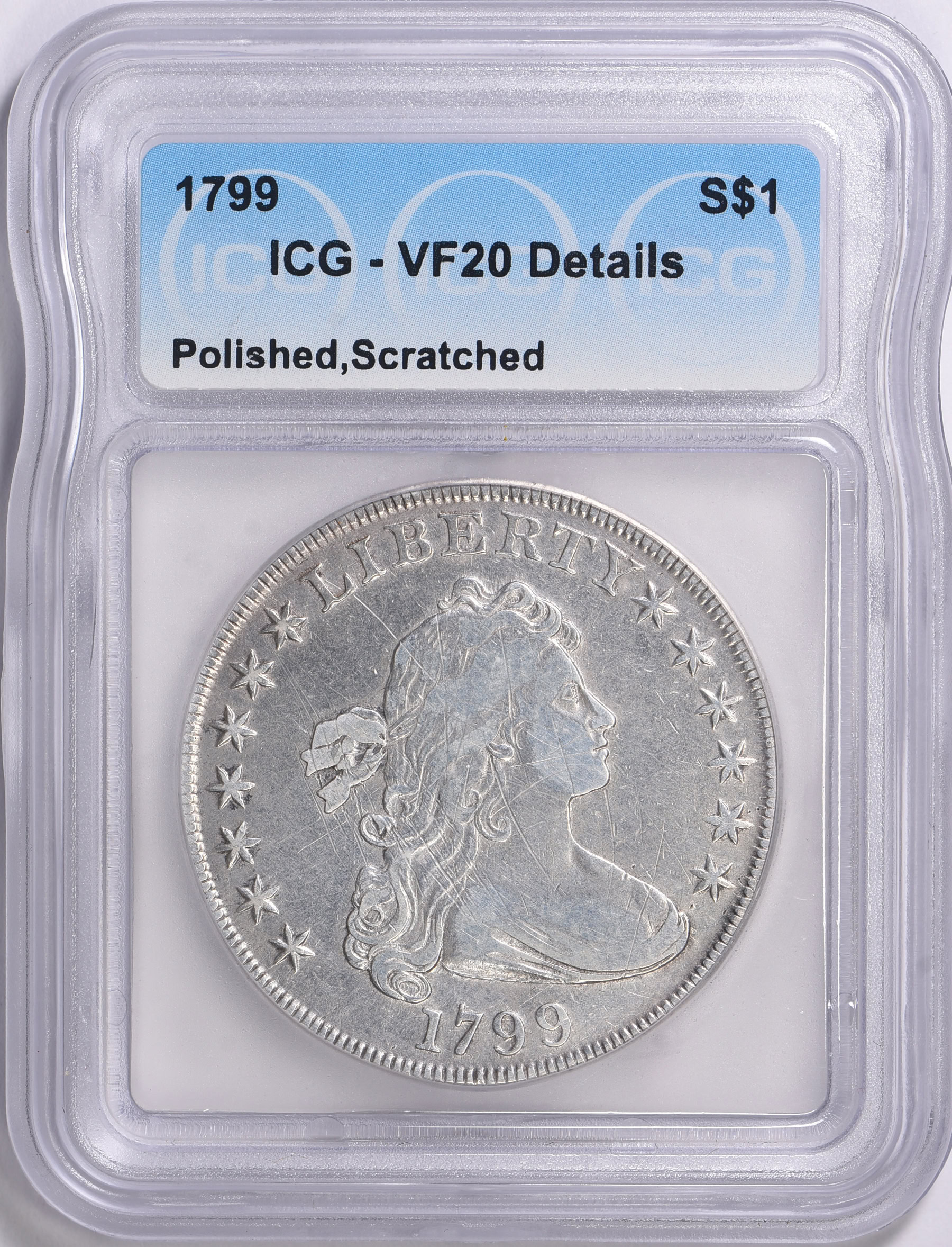 1799 Draped Bust Silver Dollar ICG VF-20 Details (Item 1760687) | GreatCollections Coin Auctions