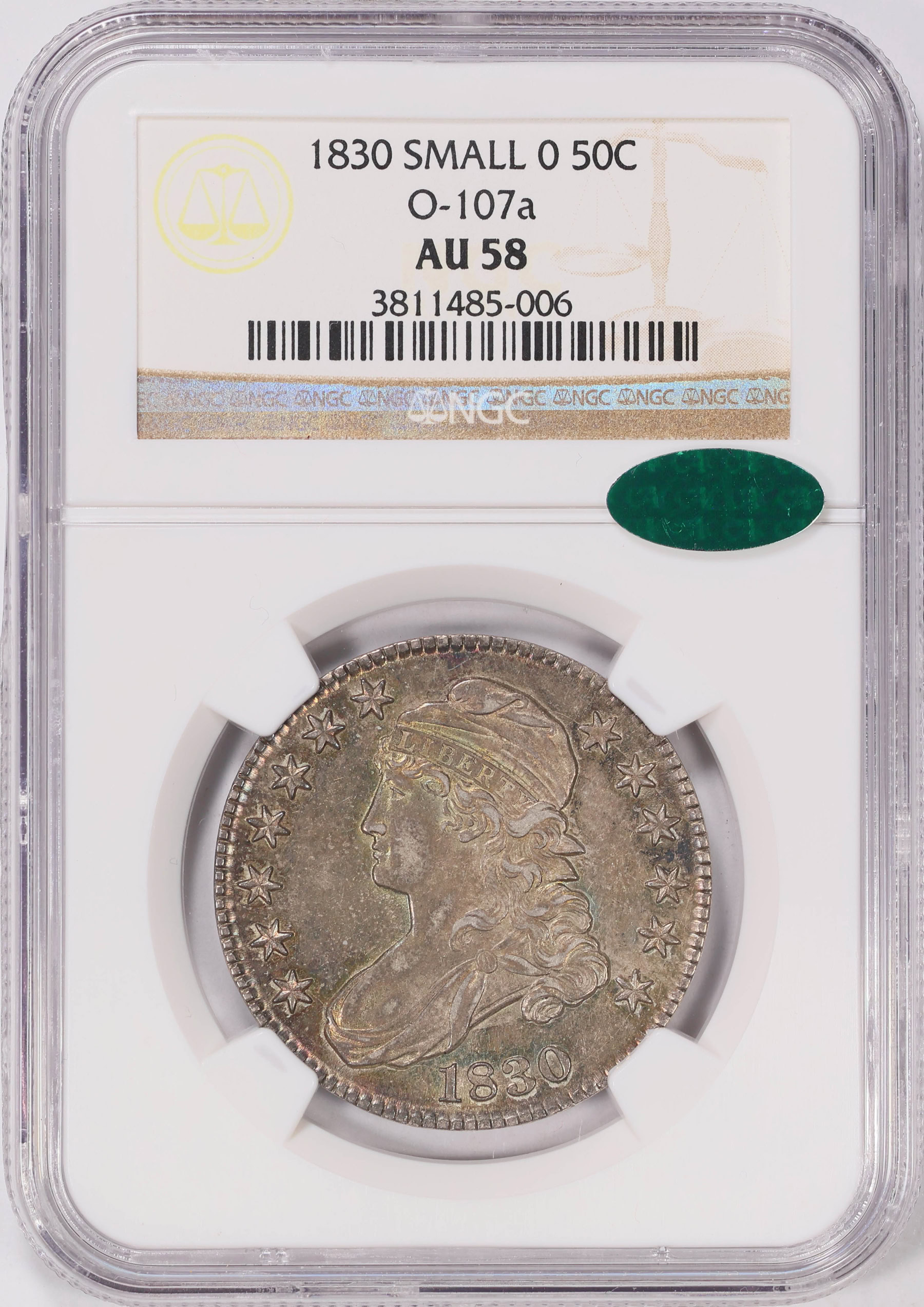 1830 Capped Bust Half Dollar Small 0 Overton 107a NGC AU-58 (CAC Green) (Toned) (Item 1760736 ...