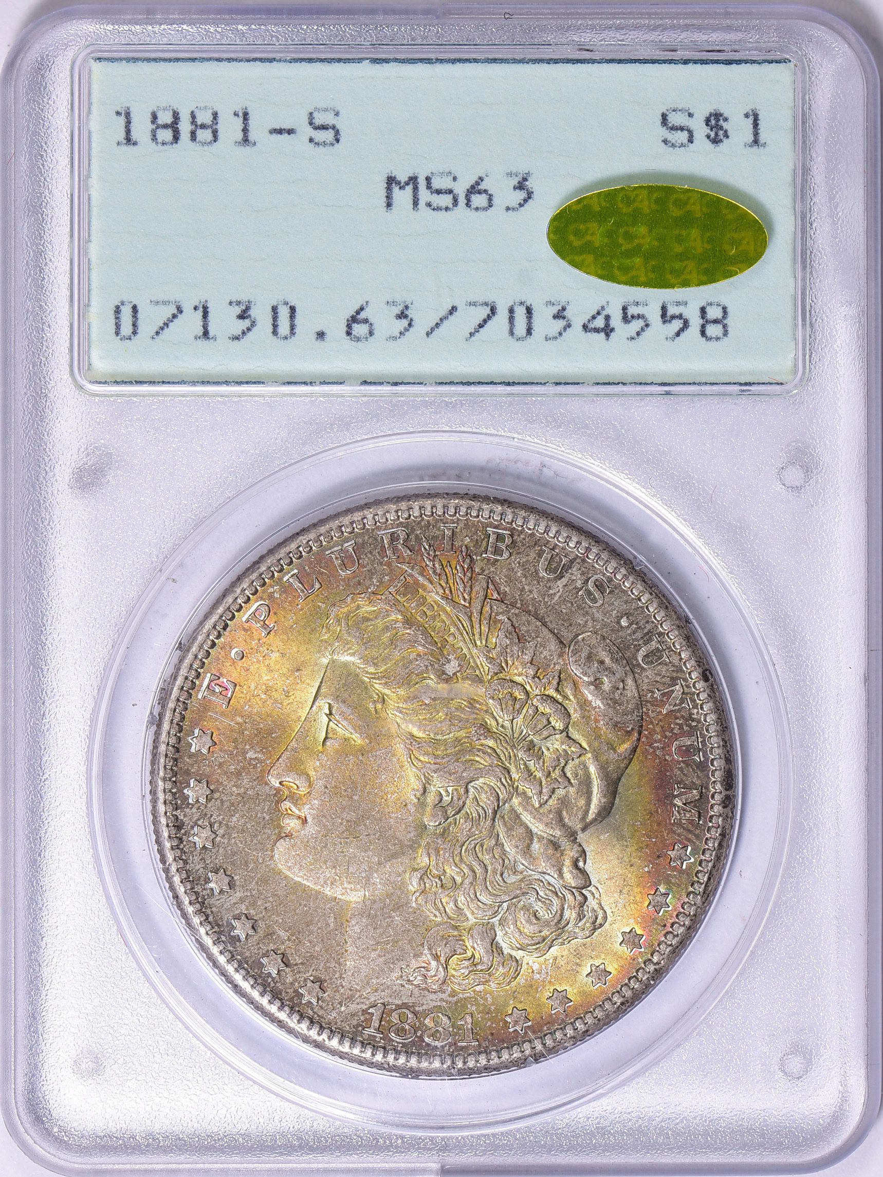 1881-S Morgan Silver Dollar PCGS MS-63 (CAC Gold) OGH (1st Gen) (Toned) (Item 1760752 ...
