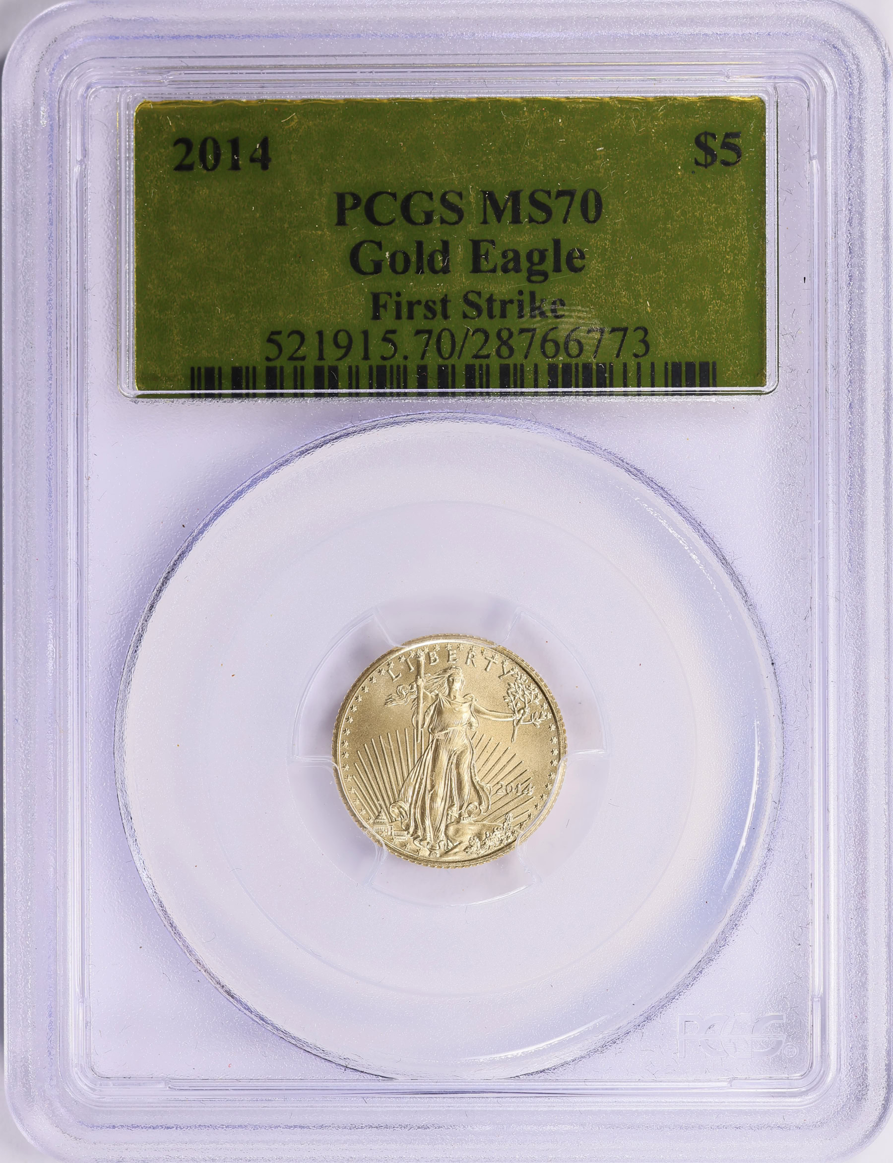 2014 $5 Tenth-Ounce Gold American Eagle First Strike PCGS MS-70 (Gold Foil Label) (Item 1760766 ...