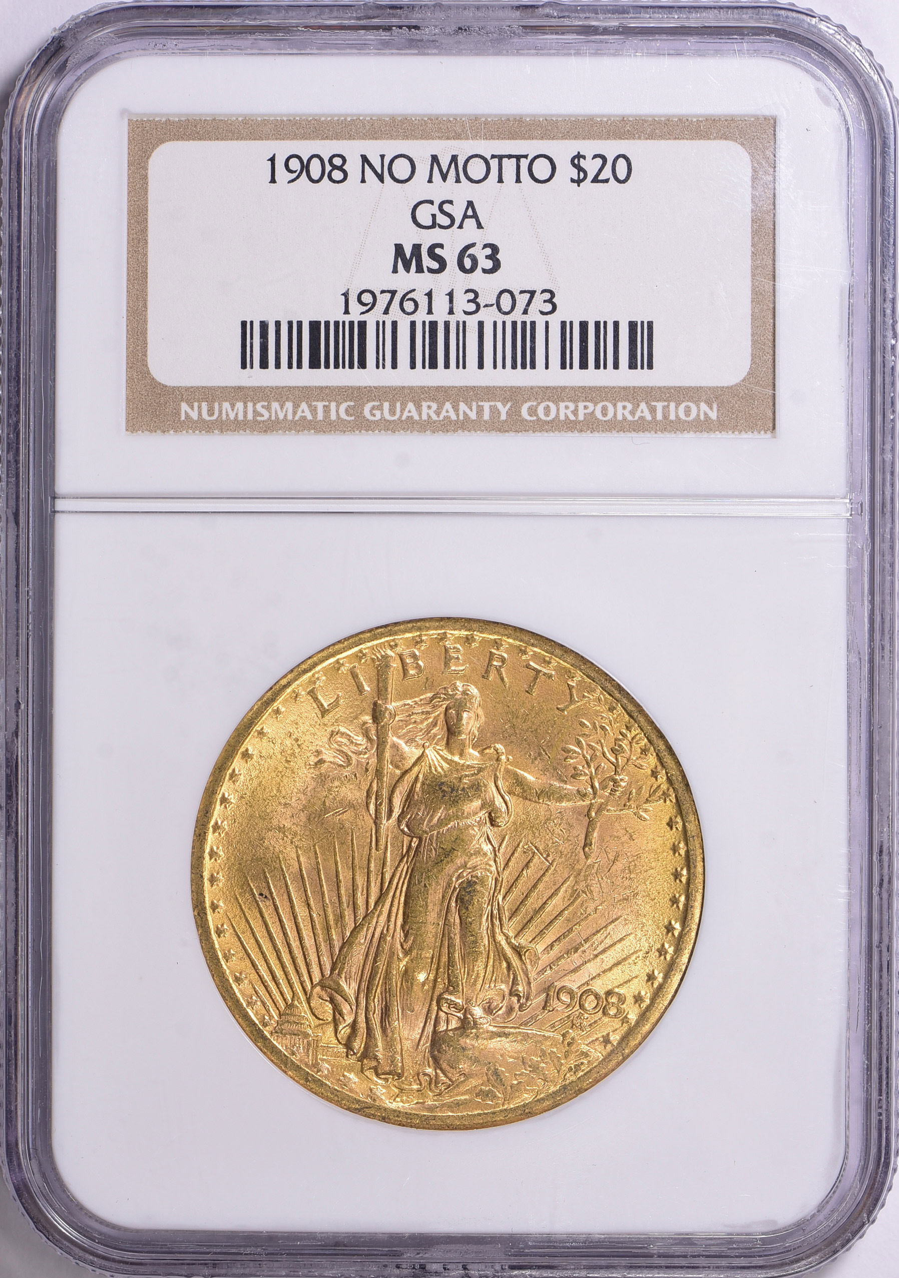 1908 Saint-Gaudens Gold Double Eagle No Motto NGC MS-63 (GSA) (Item ...