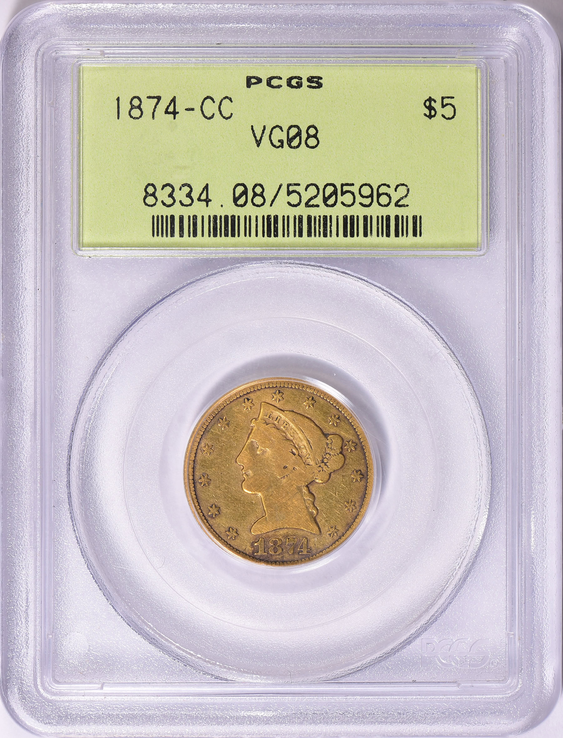 1874-CC Liberty Gold Half Eagle PCGS VG-08 OGH (Item 1760947) | GreatCollections Coin Auctions