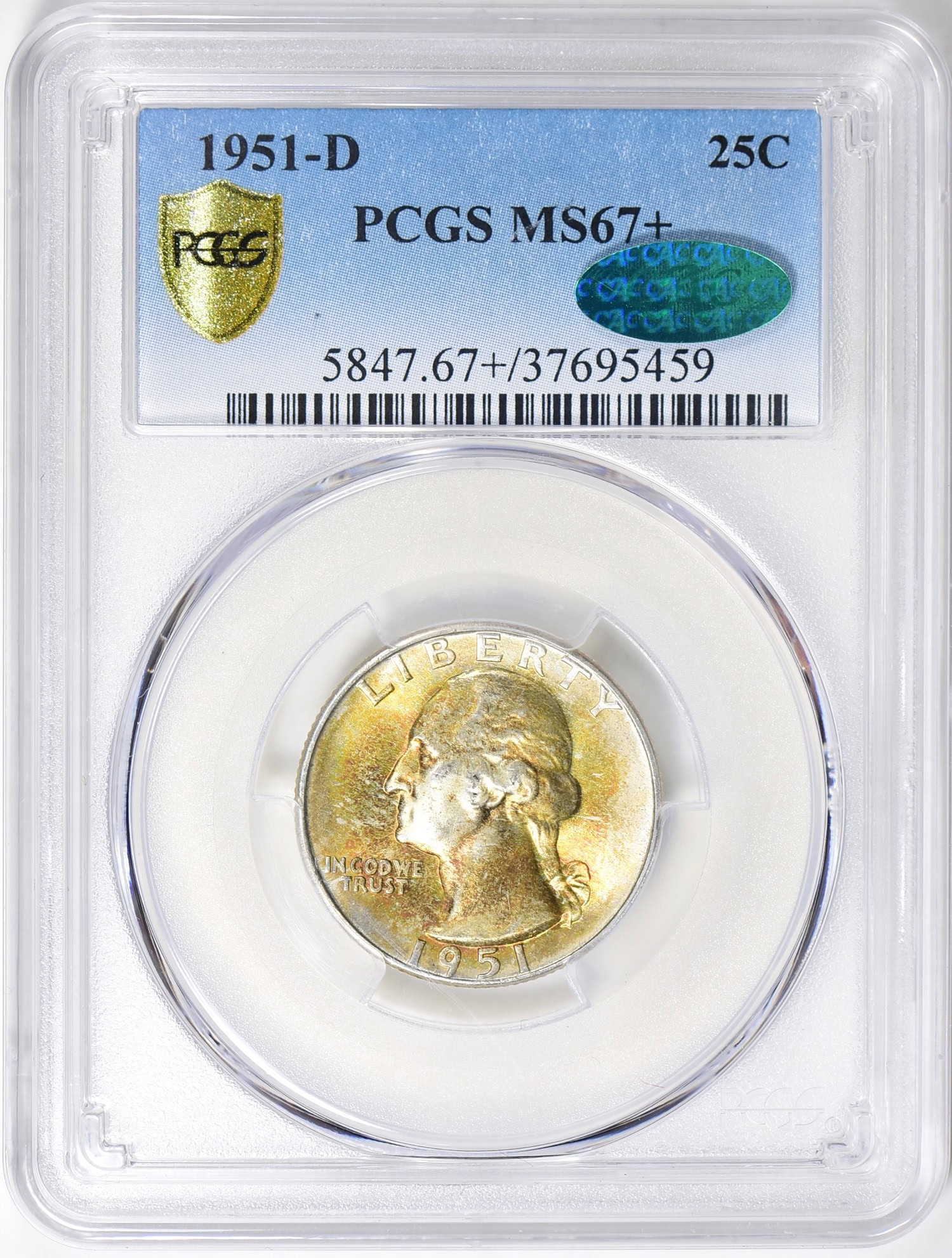 1951-D Washington Quarter PCGS MS-67+ (CAC Green) (Toned) (Item 1761028) | GreatCollections Coin ...