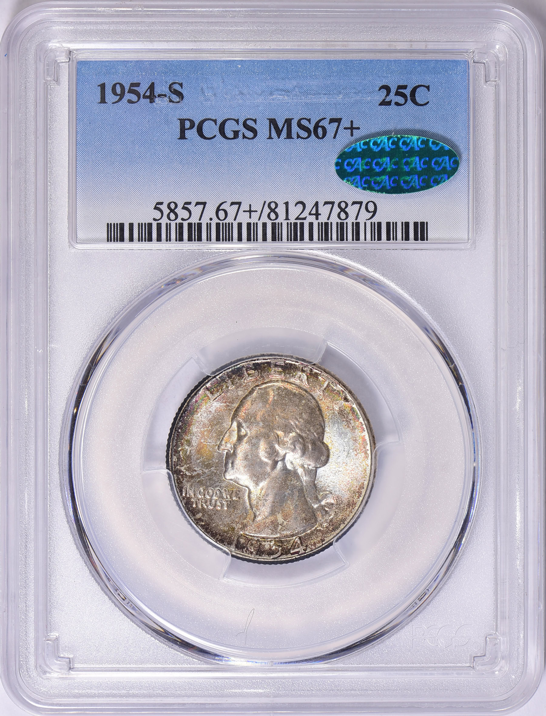1954-S Washington Quarter PCGS MS-67+ (CAC Green) (Toned) (Item 1761029) | GreatCollections Coin ...