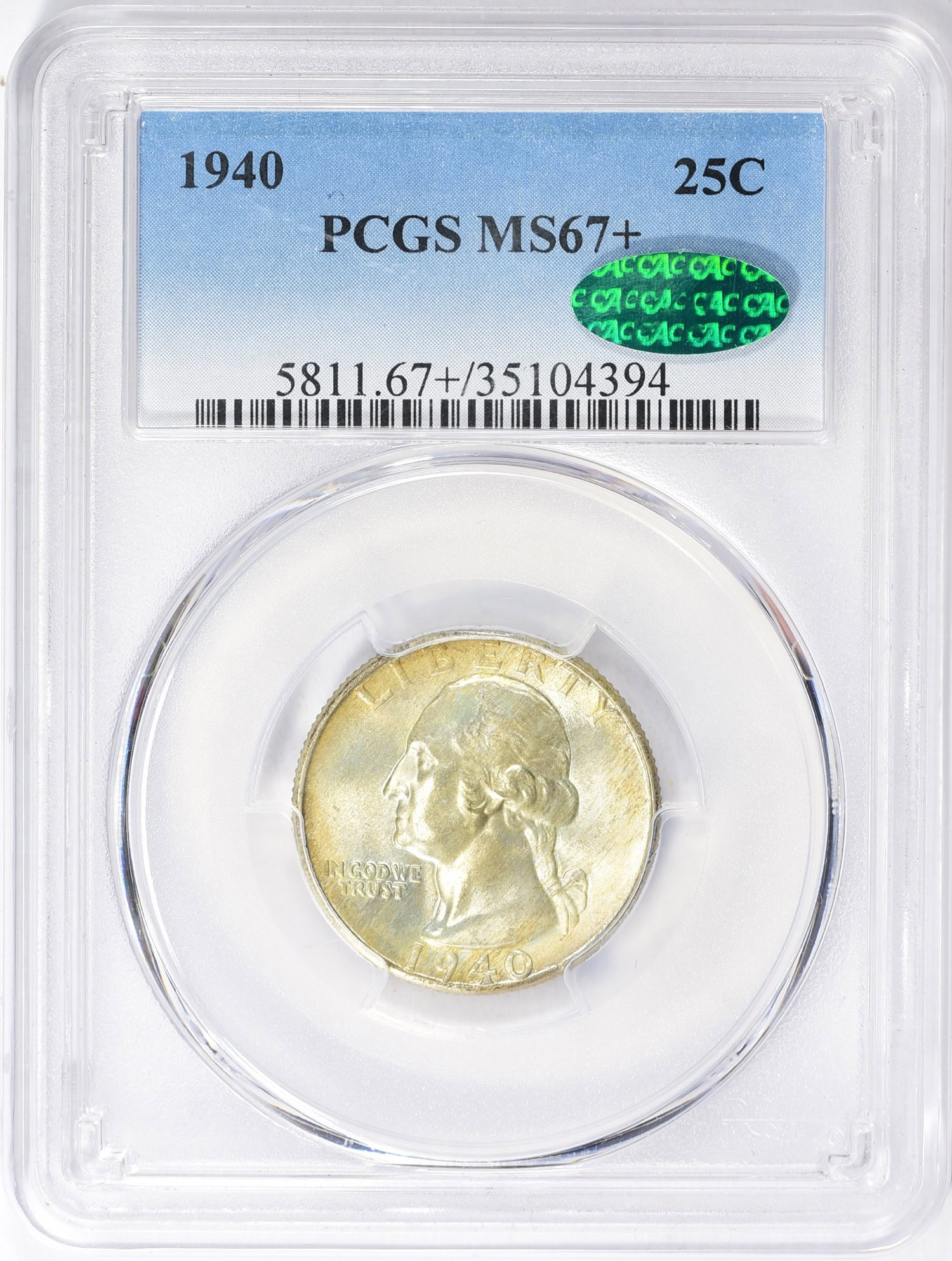 1940 Washington Quarter PCGS MS-67+ (CAC Green) (Item 1761031) | GreatCollections Coin Auctions