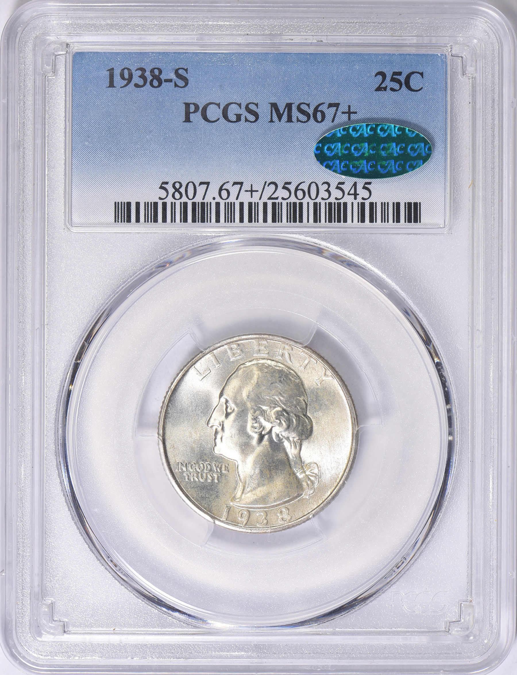 1938-S Washington Quarter PCGS MS-67+ (CAC Green) (Item 1761032) | GreatCollections Coin Auctions
