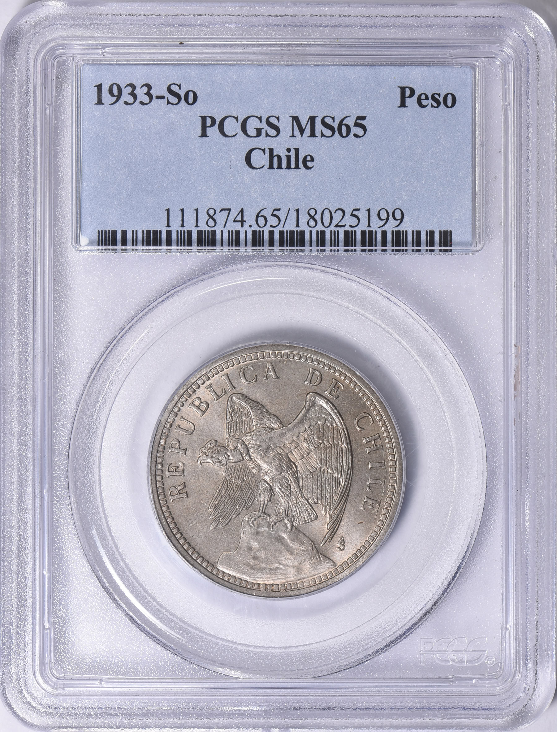 Chile 1933-So Peso KM-176.1 PCGS MS-65 (Item 1761154) | GreatCollections Coin Auctions
