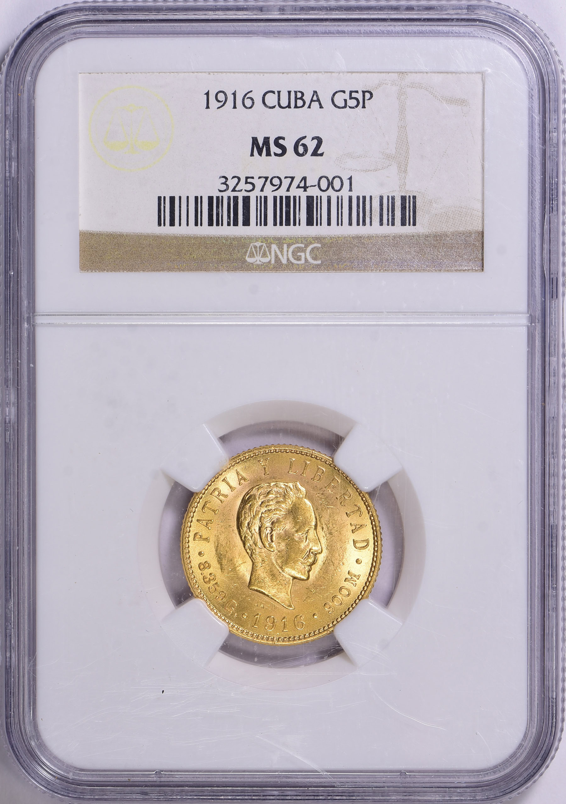 Cuba 1916 Gold 5 Pesos KM-19 NGC MS-62 (AGW = 0.2419 oz.) (Item 1761377 ...