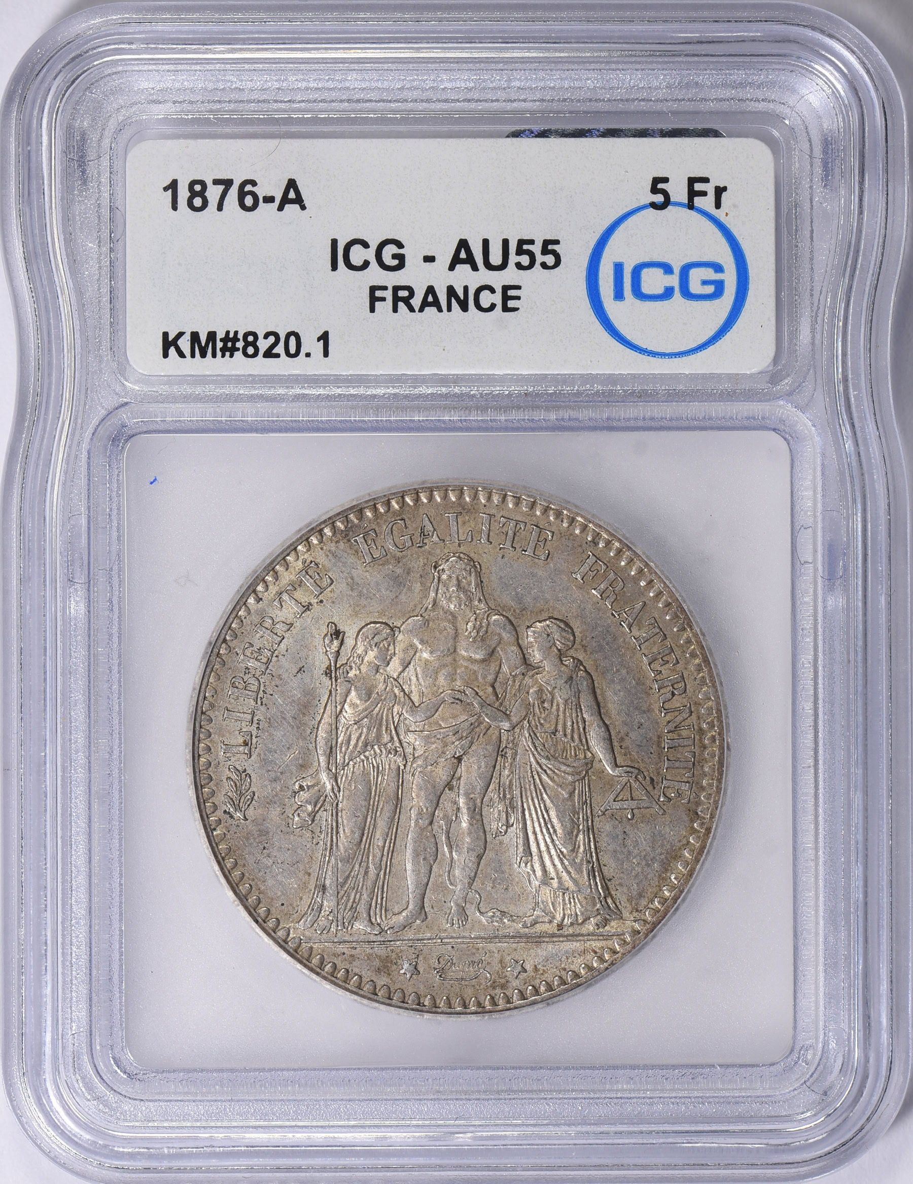 France 1876-A Silver 5 Francs KM-820.1 ICG AU-55 (Item 1761380 ...