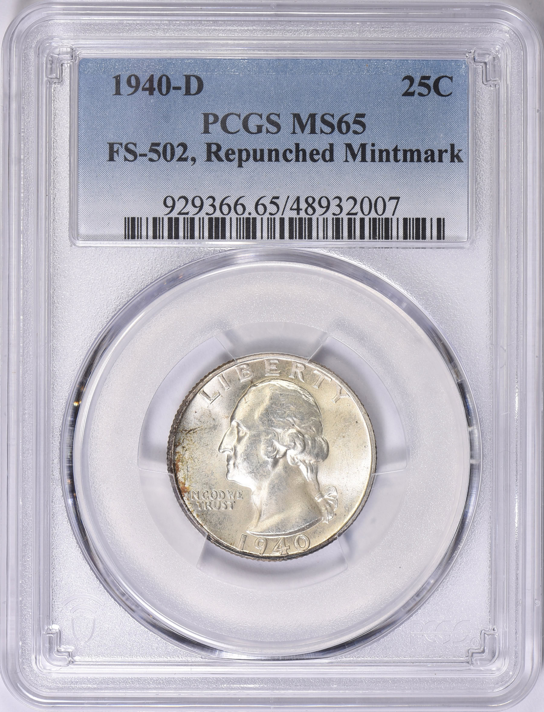 1940-D Washington Quarter Repunched Mintmark FS-502 PCGS MS-65 | PCGS Cert #48932007 ...
