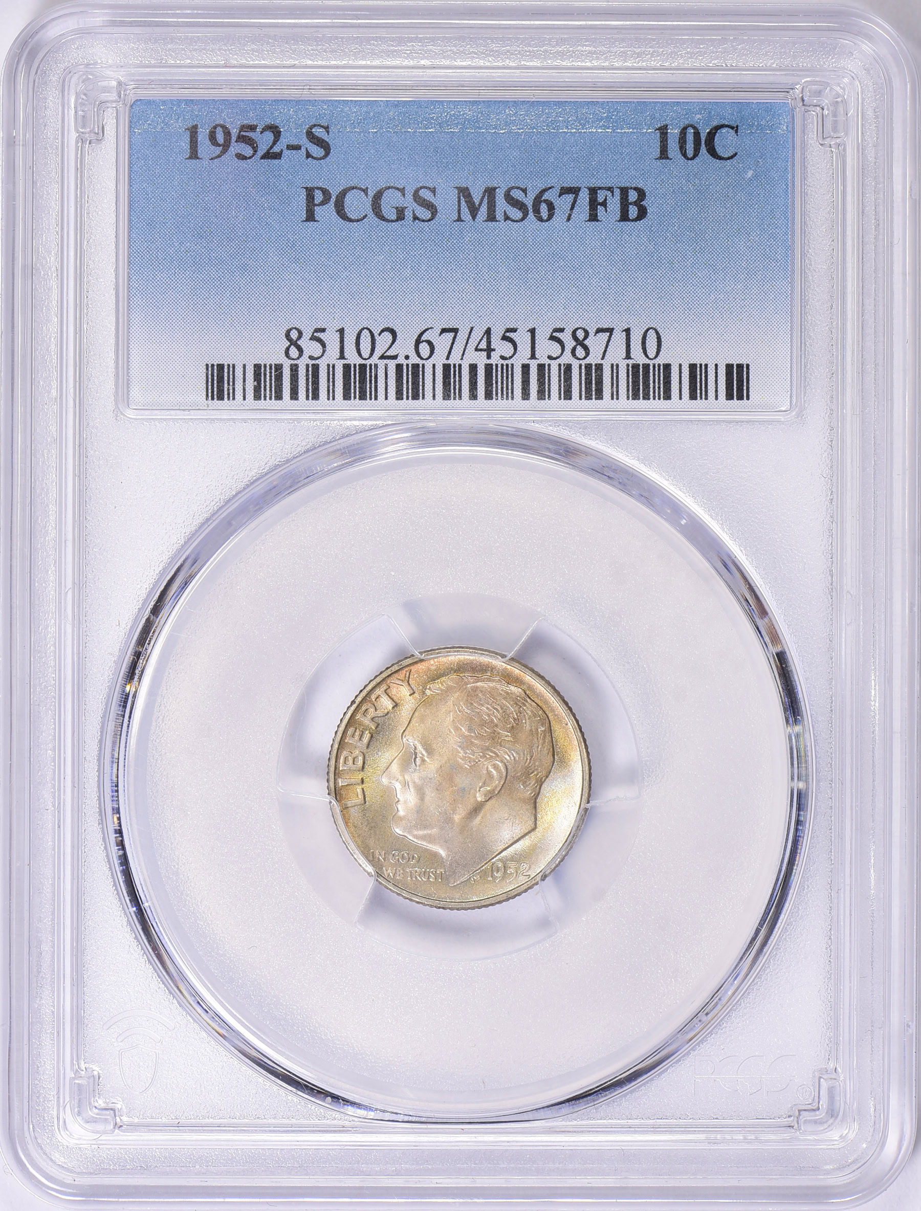 1952-S Roosevelt Dime PCGS MS-67 FB (Toned) (Item 1761512) | GreatCollections Coin Auctions