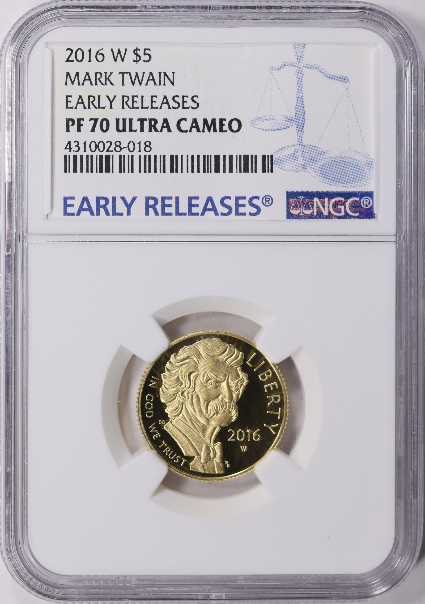 2016-W Mark Twain Gold $5 Early Releases NGC Proof-70 UC (Item 1761789 ...