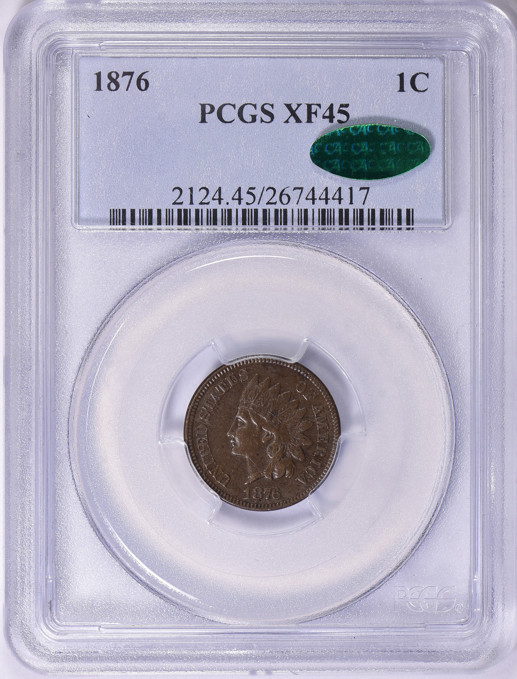 1876 Indian Cent PCGS XF-45 BN (CAC Green) (Item 1761897) | GreatCollections Coin Auctions