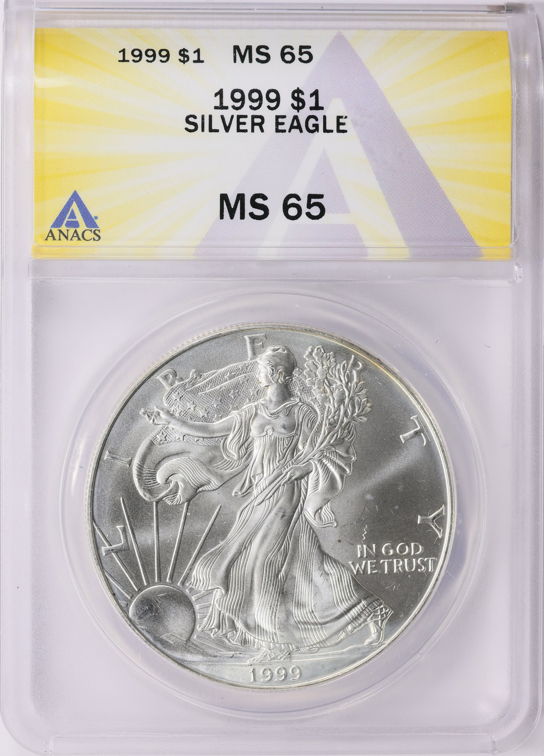 1999 $1 Silver Eagle ANACS MS-65 (Item 1762002) | GreatCollections Coin ...