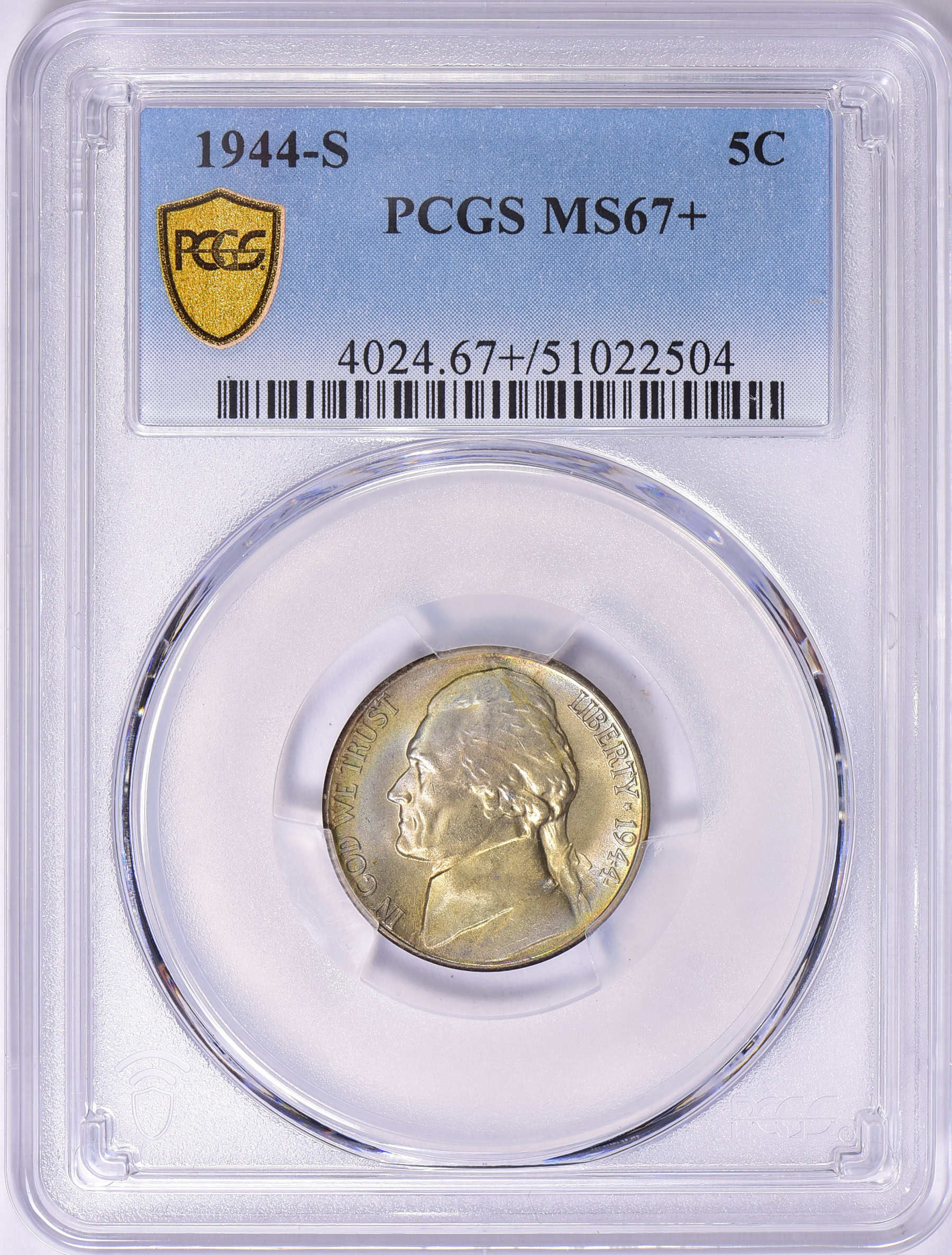 1944-S Jefferson Nickel PCGS MS-67+ (Toned) (Item 1762189) | GreatCollections Coin Auctions