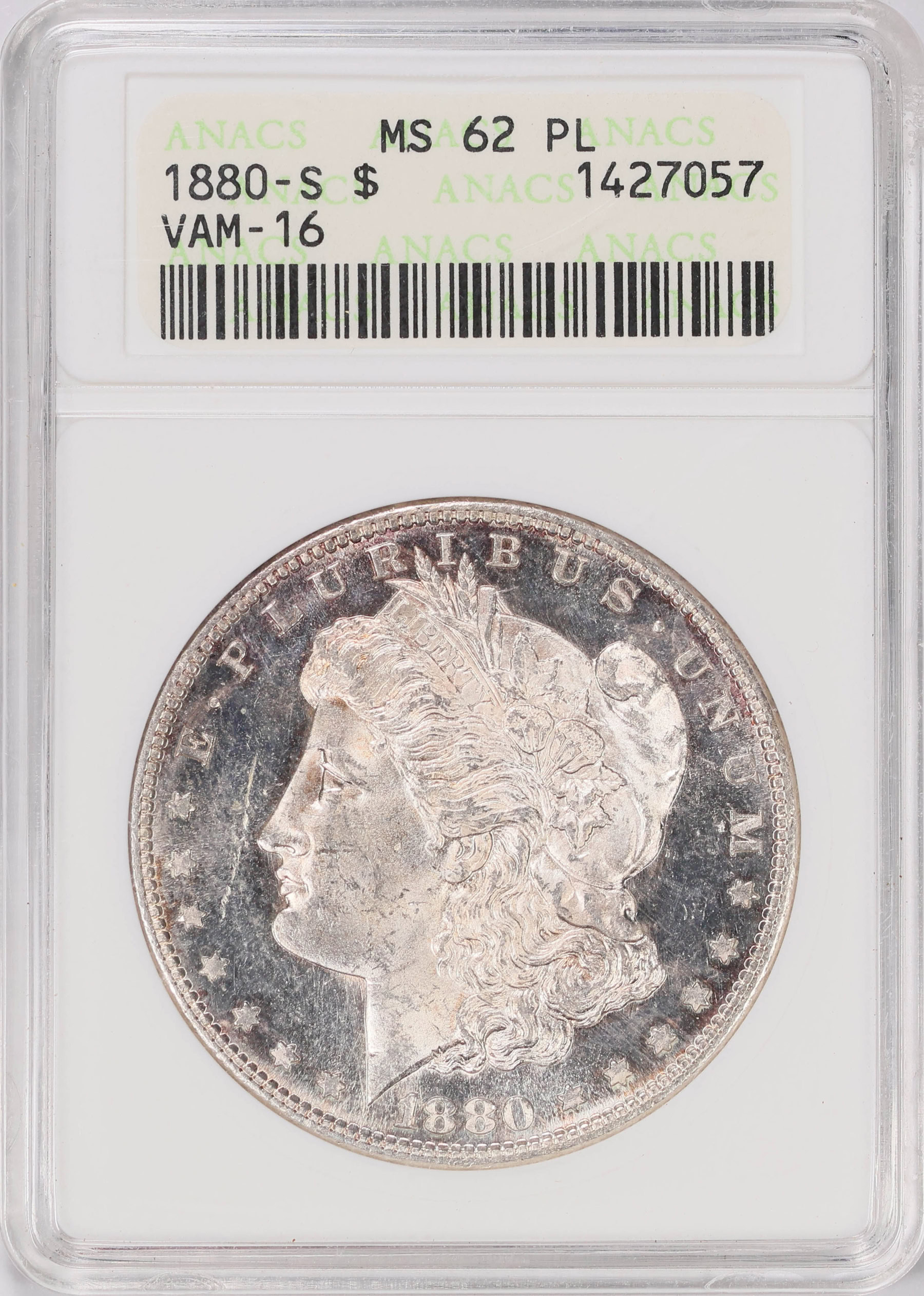 1880-S Morgan Silver Dollar VAM-16 ANACS MS-62 PL OH (Item 1762194) | GreatCollections Coin Auctions
