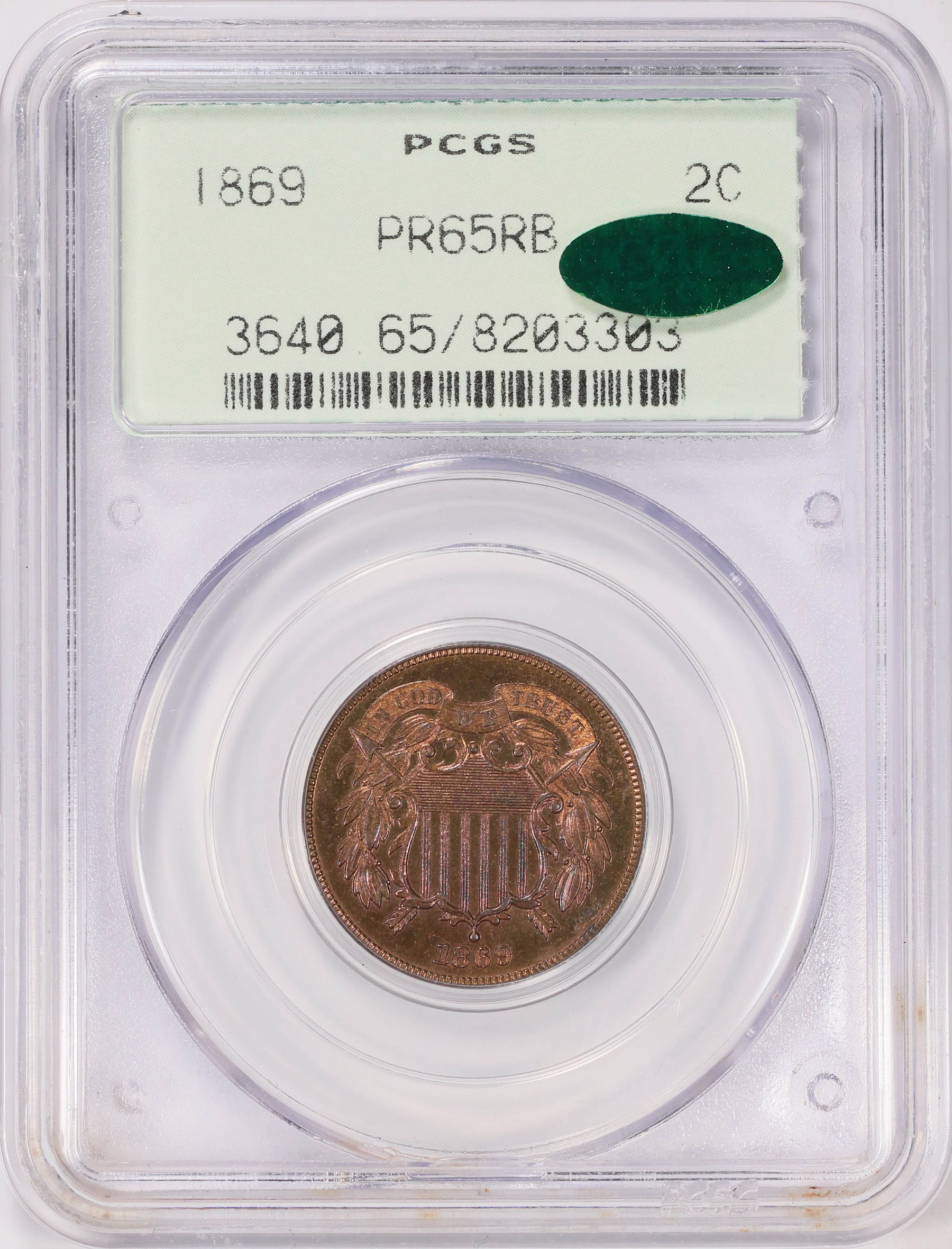 1869 Two-Cent Piece PCGS Proof-65 RB (CAC Green) OGH (2nd Gen) (Toned ...