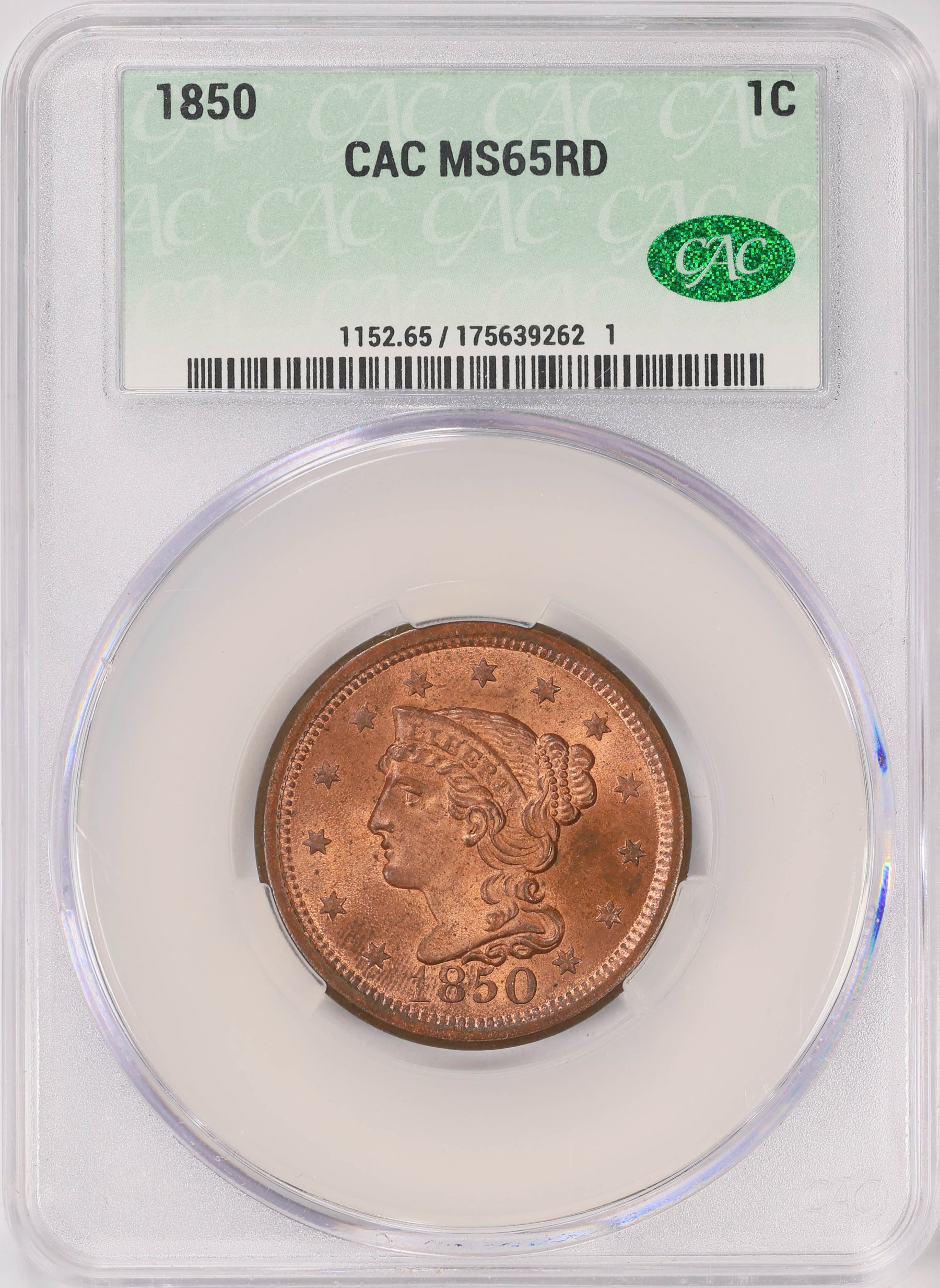 1850 Braided Hair Cent CACG MS-65 RD (Item 1762254) | GreatCollections ...