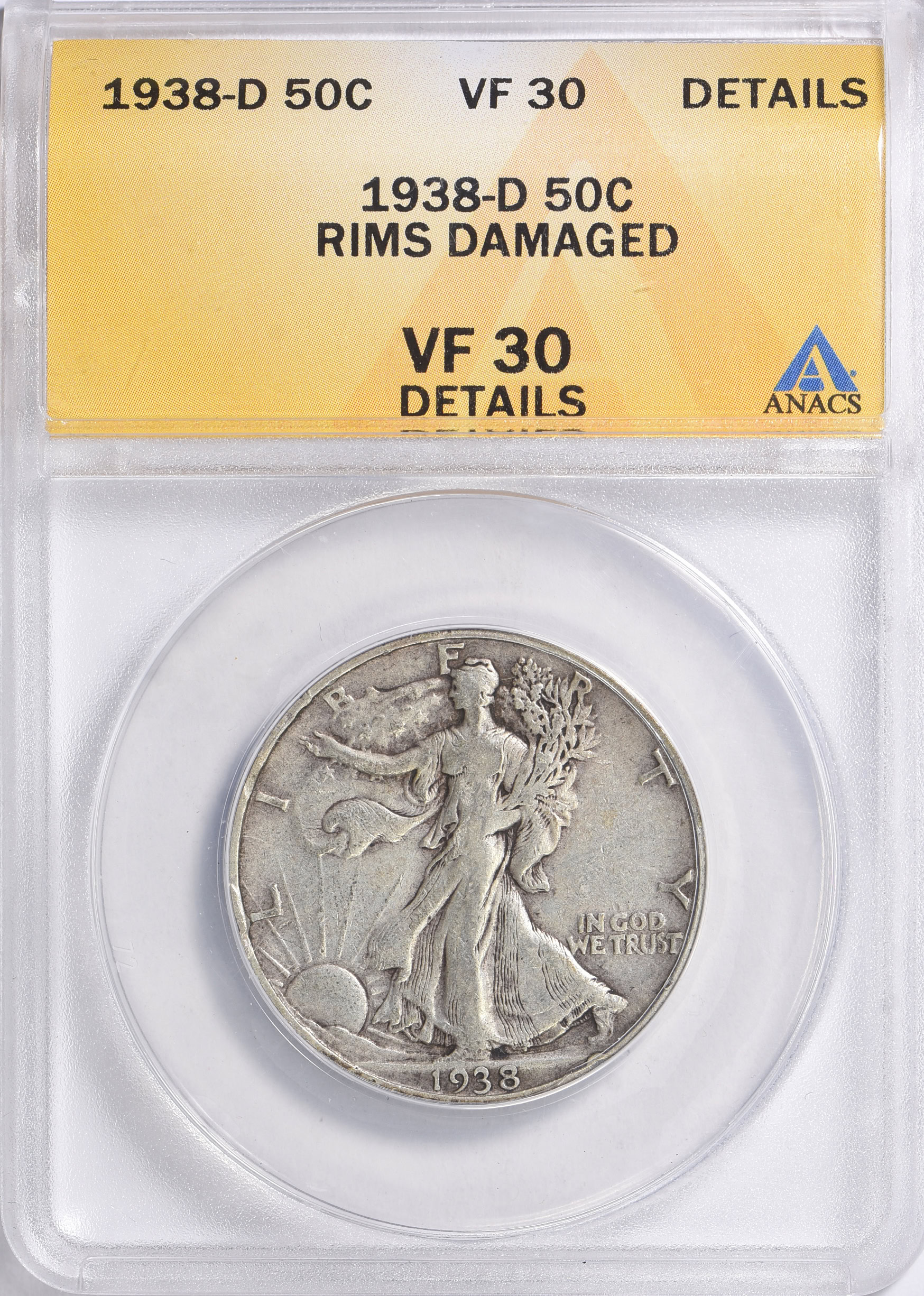 1938-D Walking Liberty Half Dollar ANACS VF-30 Details (Item 1762277) | GreatCollections Coin ...