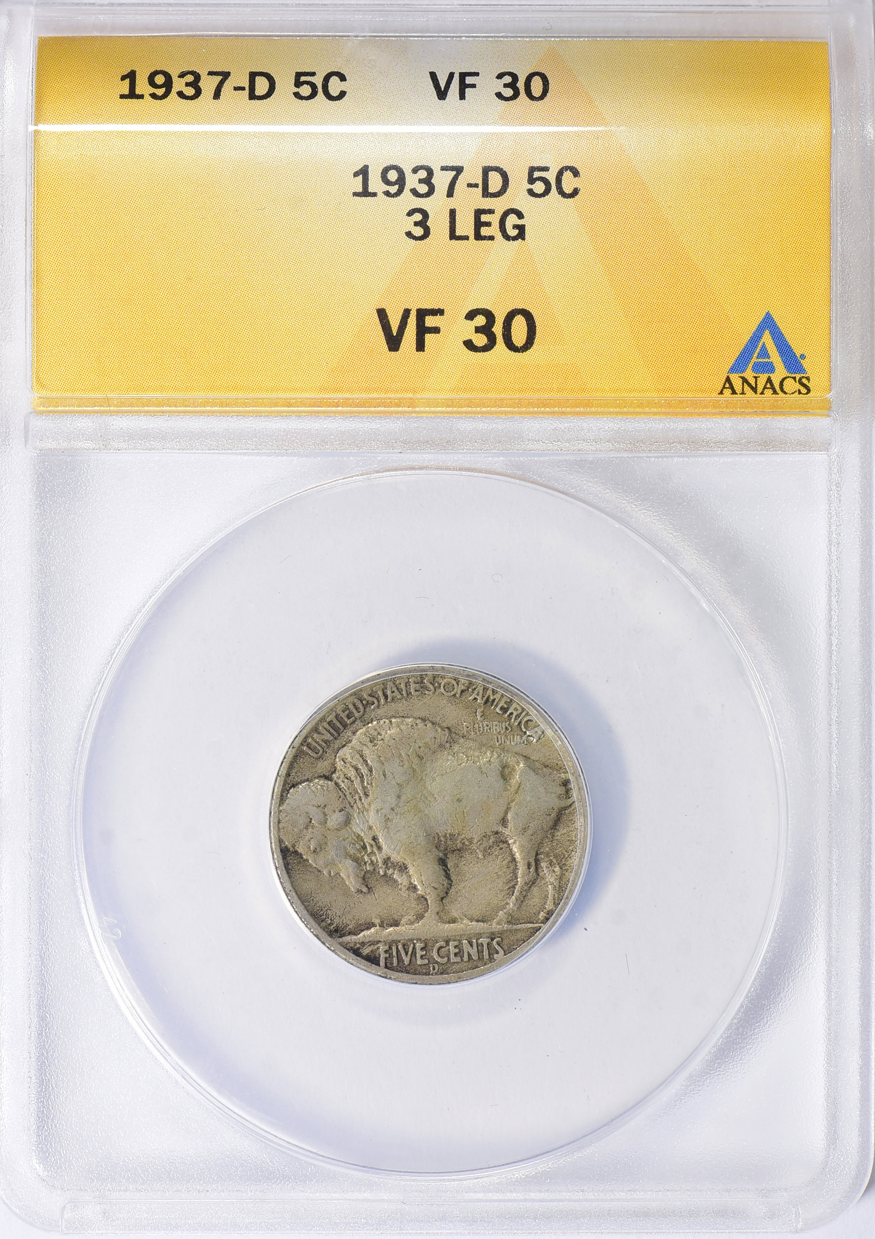 1937-D Buffalo Nickel 3 Legs ANACS VF-30 (Item 1762278) | GreatCollections Coin Auctions