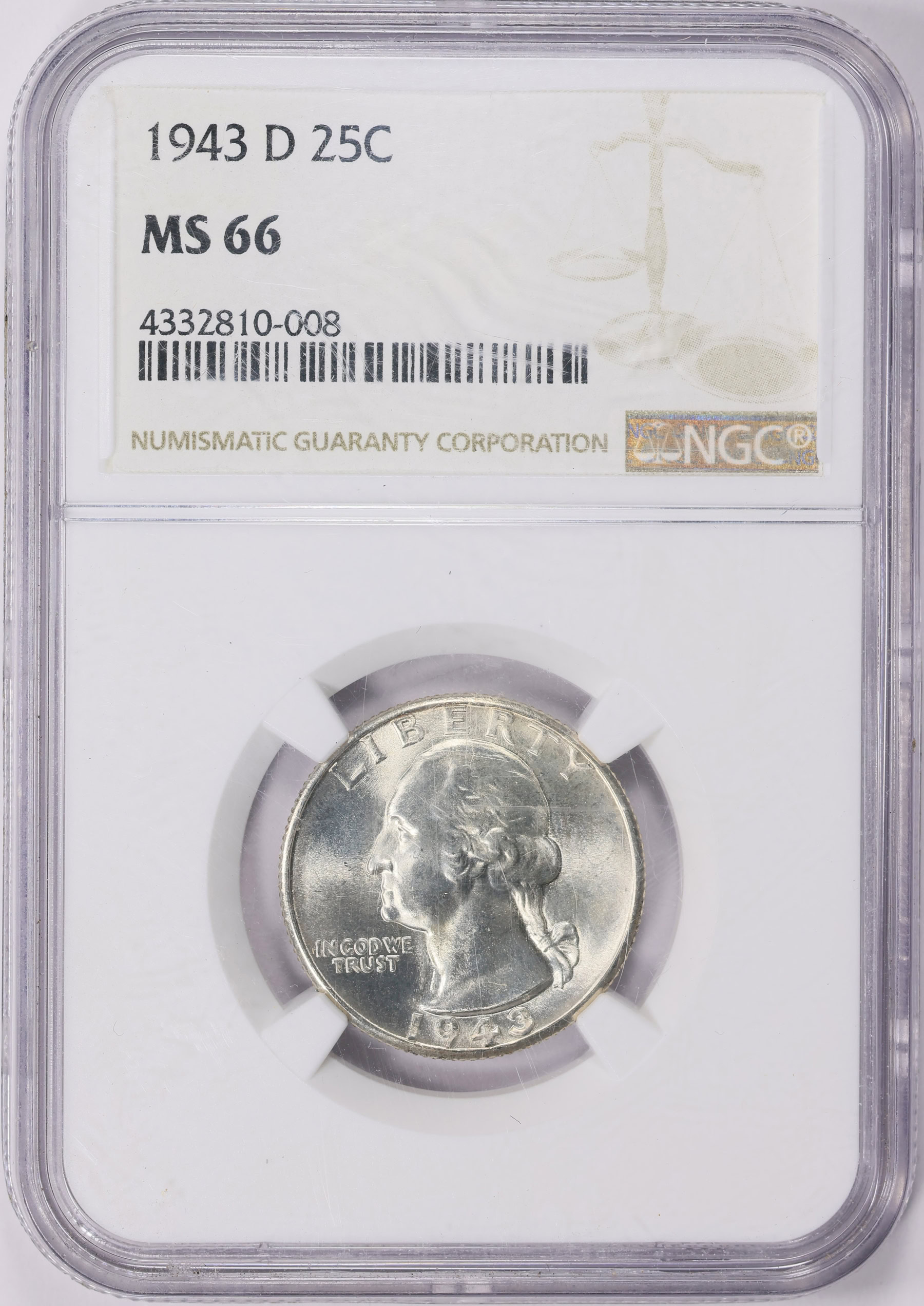 1943-D Washington Quarter NGC MS-66 (Item 1762533) | GreatCollections Coin Auctions