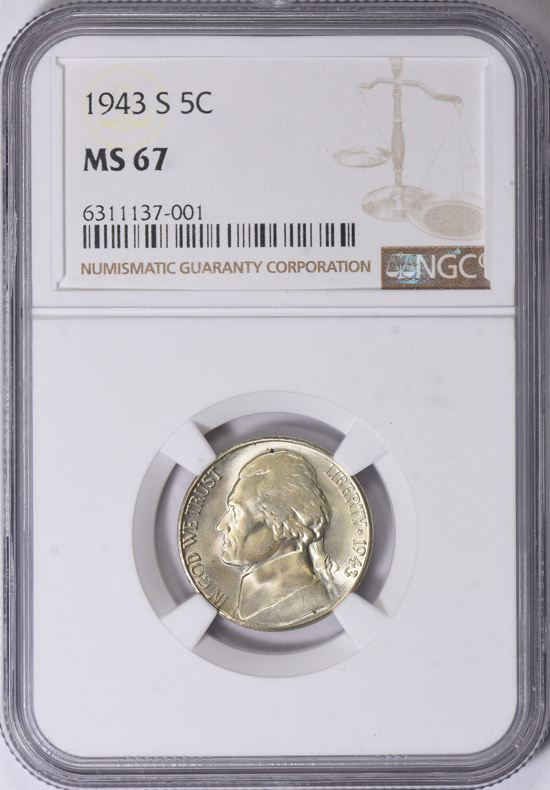 1943-S Jefferson Nickel NGC MS-67 (Toned) (Item 1762534) | GreatCollections Coin Auctions