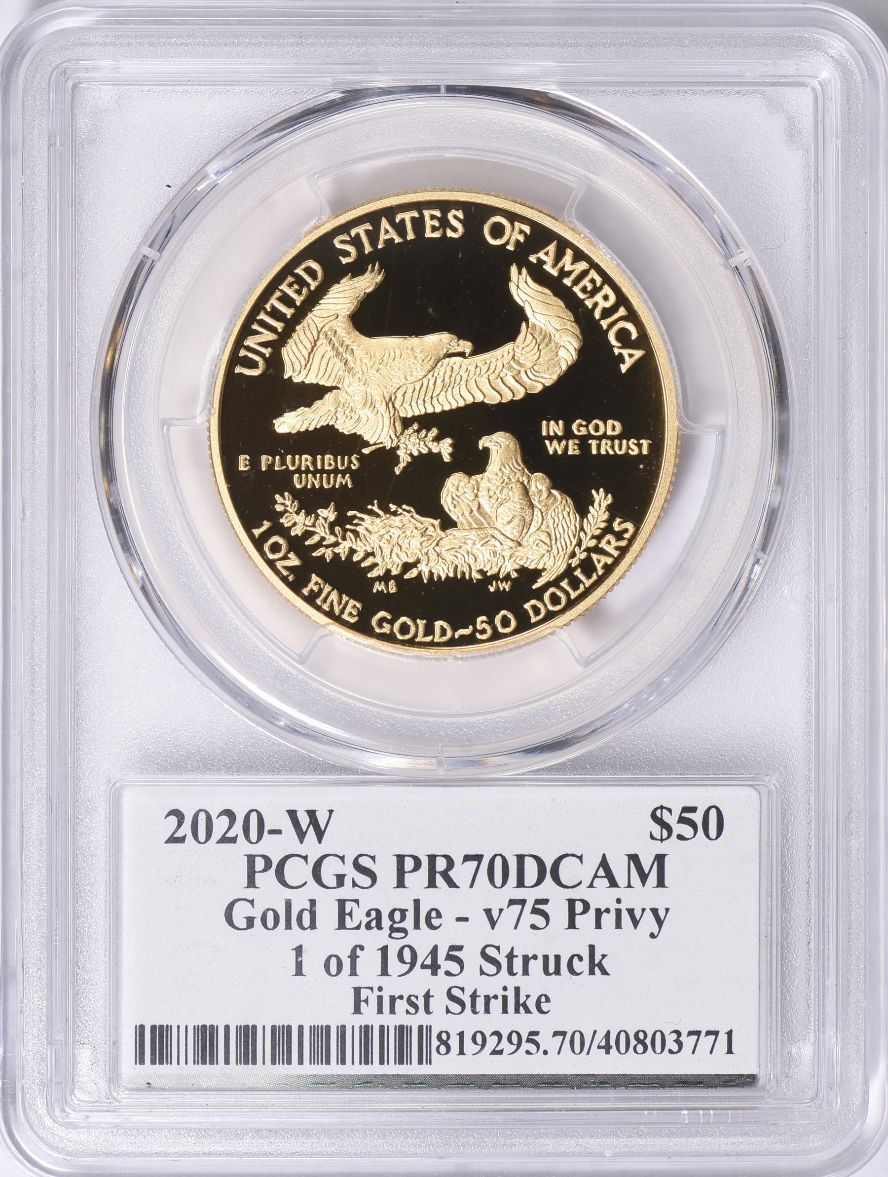 2020-W $50 One-Ounce Gold American Eagle V75 Privy 1 of 1945 Struck ...