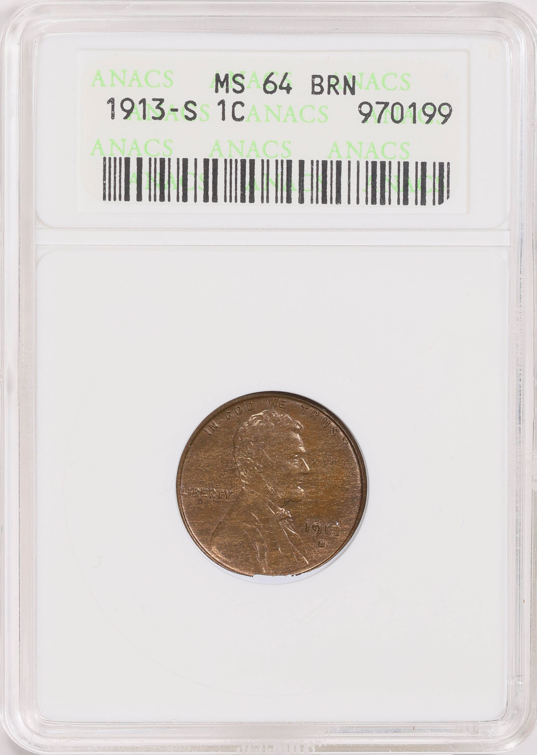1913-S Lincoln Cent ANACS MS-64 BN OH (Item 1762614) | GreatCollections Coin Auctions