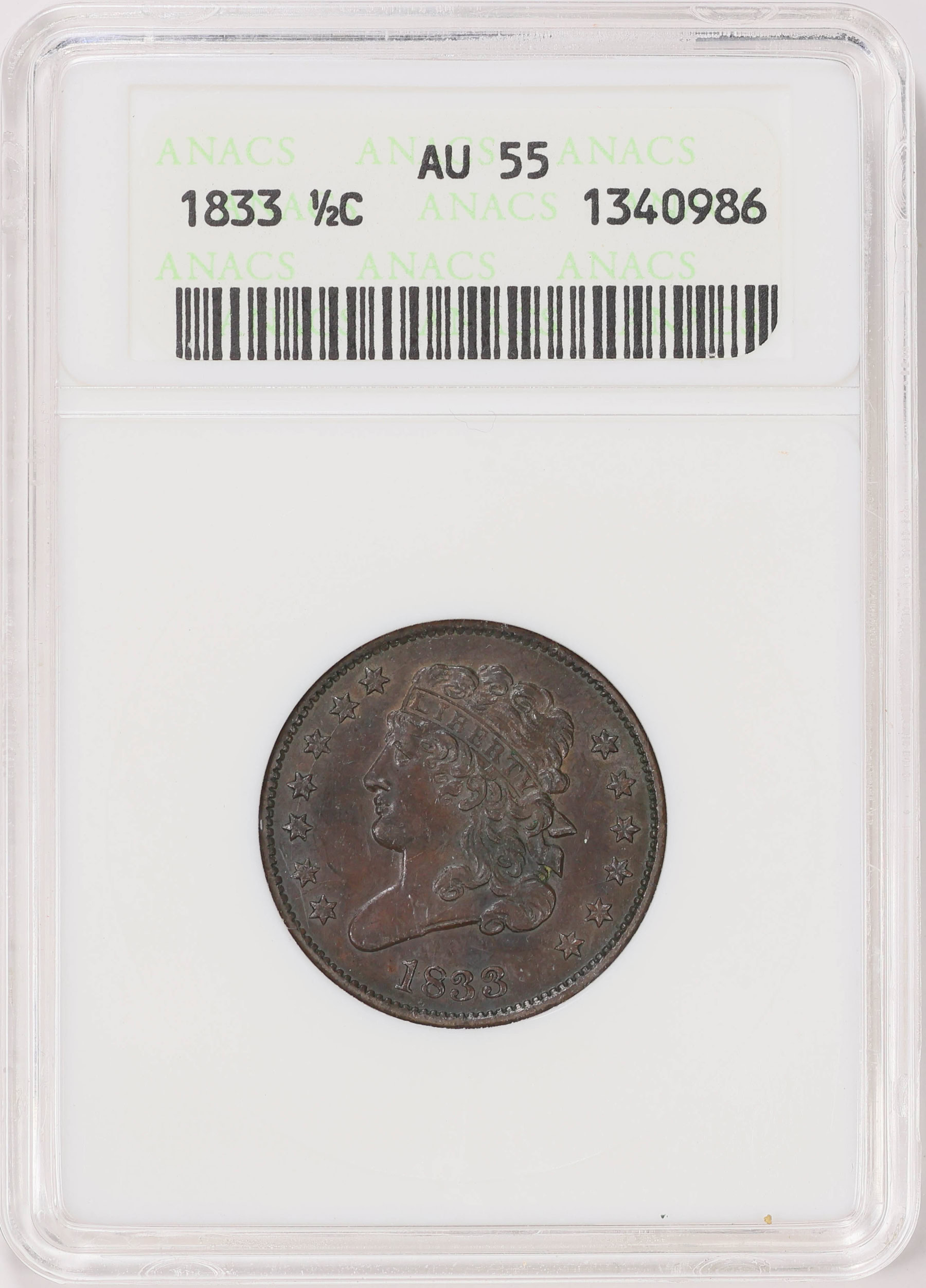 1833 Classic Half Cent ANACS AU-55 BN OH (Item 1762615 ...