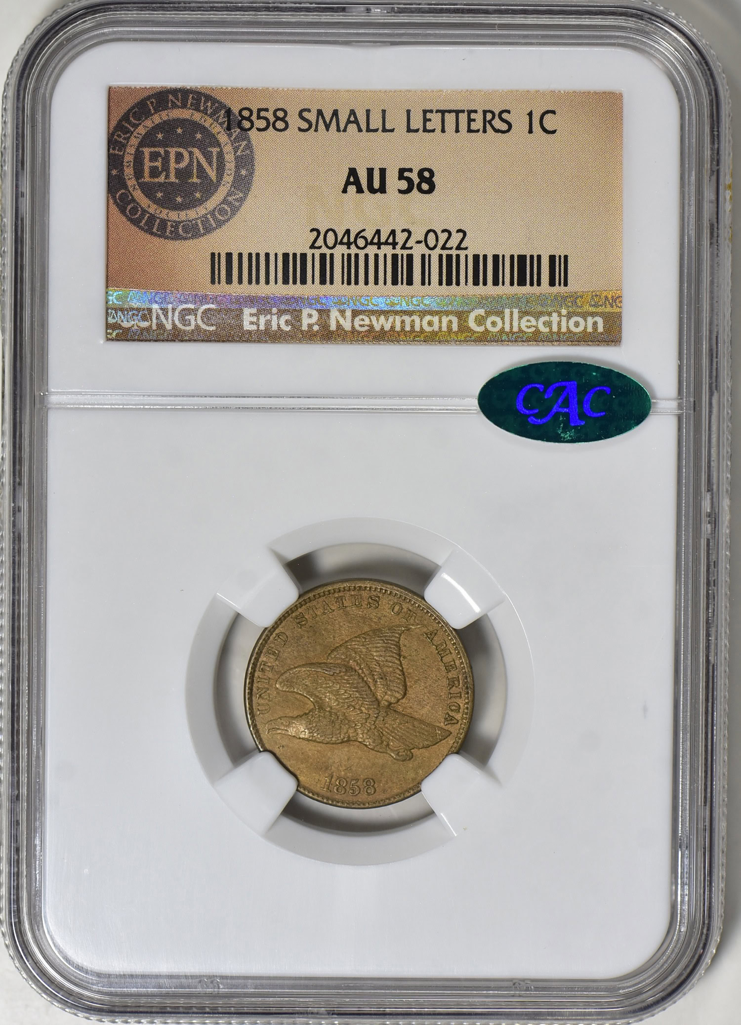 1858 Flying Eagle Cent Small Letters NGC AU-58 (CAC Green) (Eric P ...