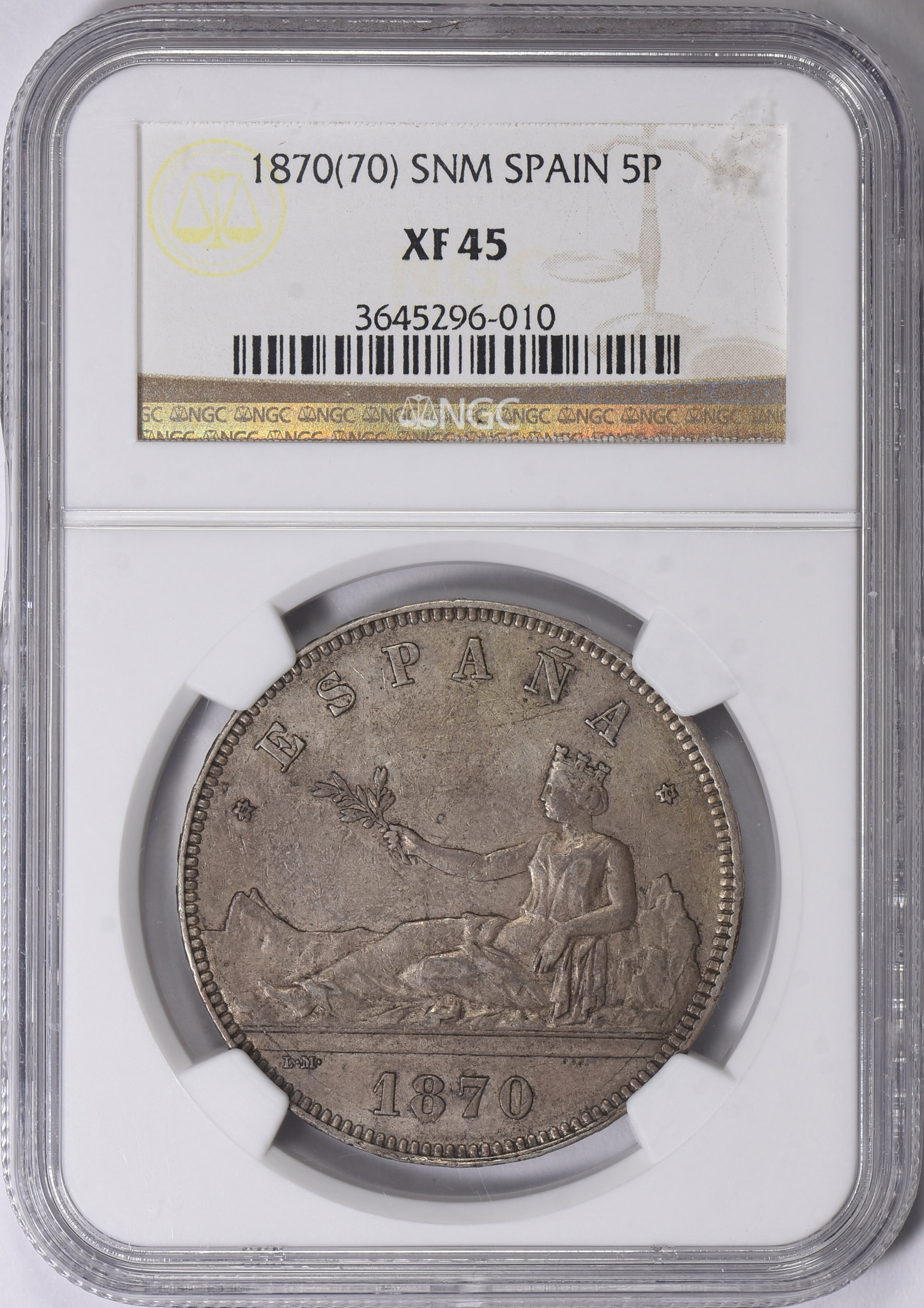Spain 1870(70)-SN M Silver 5 Pesetas KM-655 NGC XF-45 (Item 1762649 ...