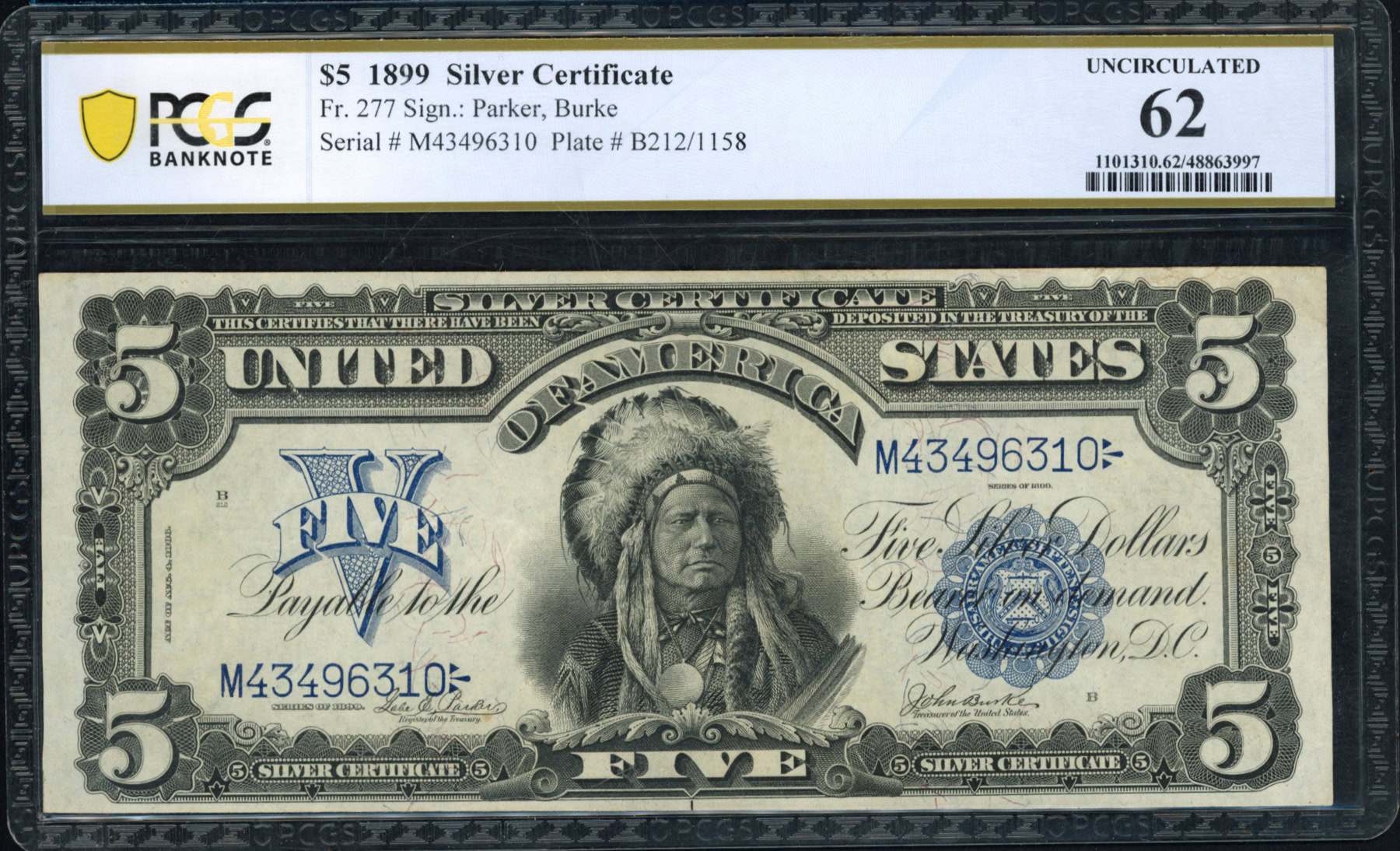 Fr. 277 1899 $5 Silver Certificate Note Parker / Burke PCGS Banknote Uncirculated 62 | PCGS Cert ...