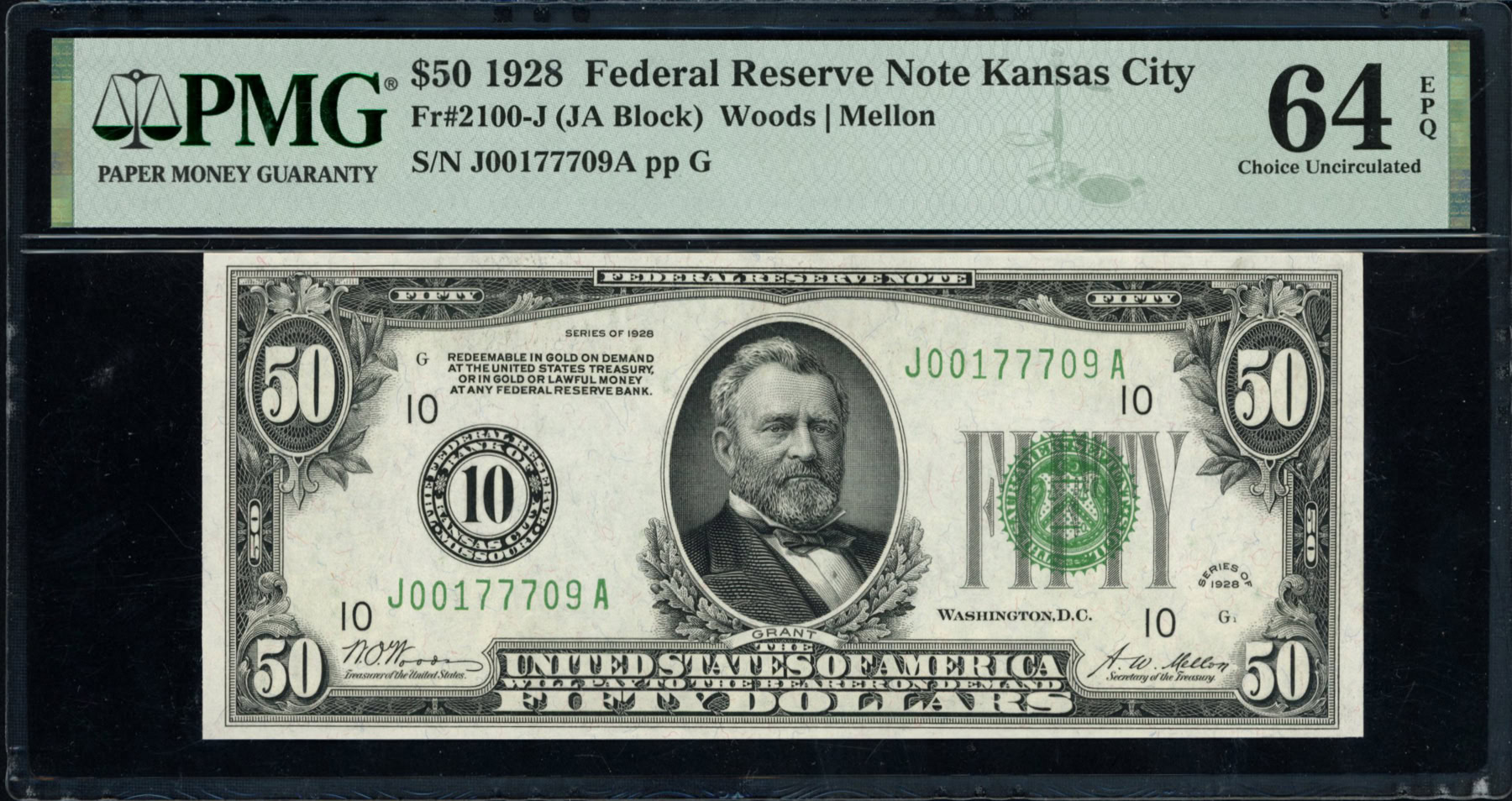 Fr. 2100-J (JA Block) 1928 $50 Kansas City Federal Reserve Note Woods ...