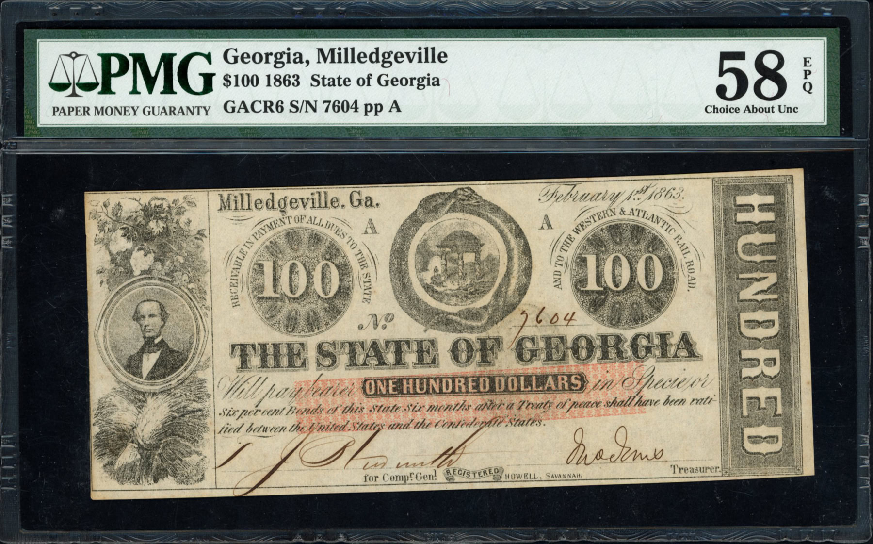 1863 Milledgeville, Georgia State of Georgia $100 Note PMG Choice About ...