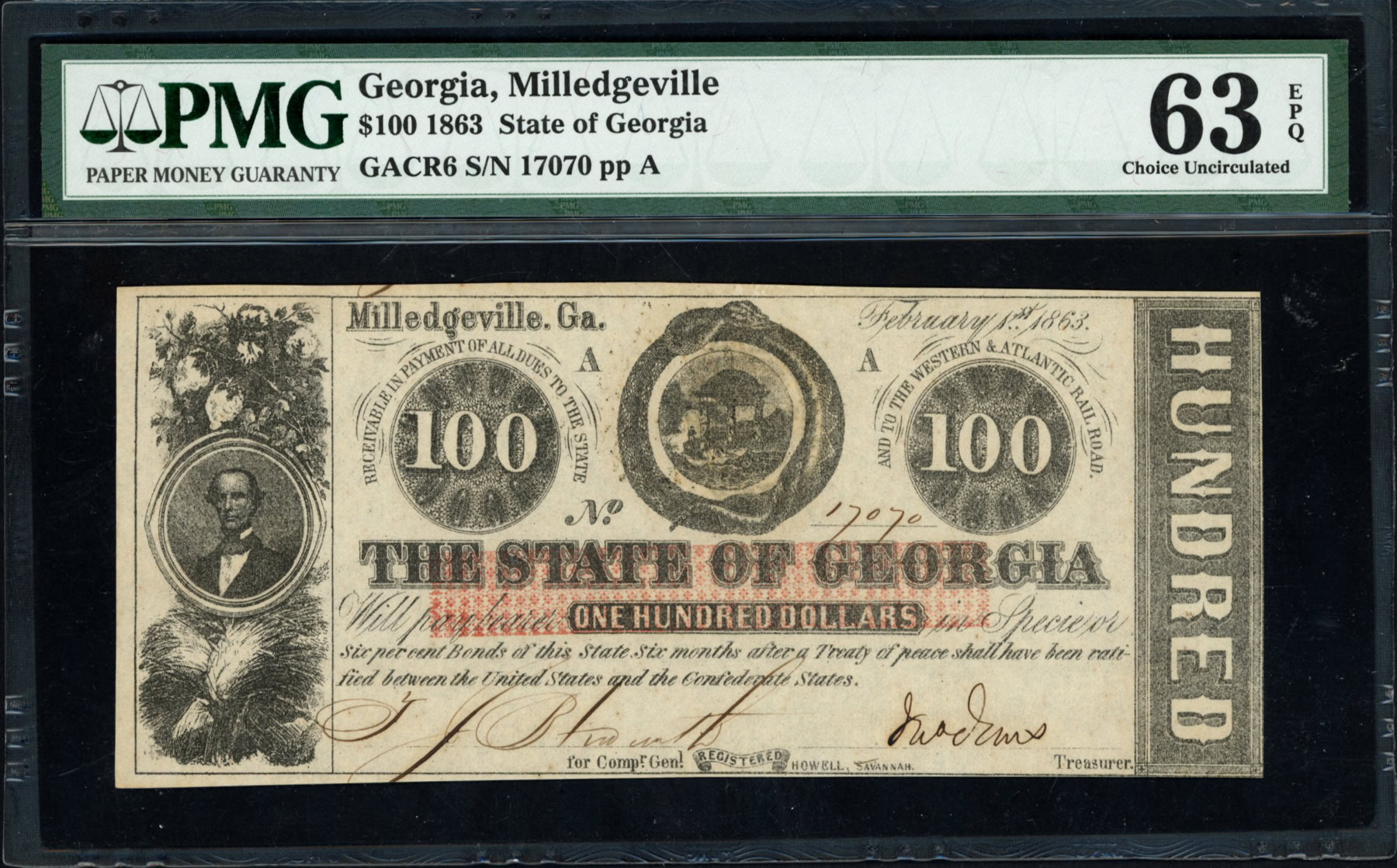1863 Milledgeville, Georgia State of Georgia $100 Note PMG Choice ...