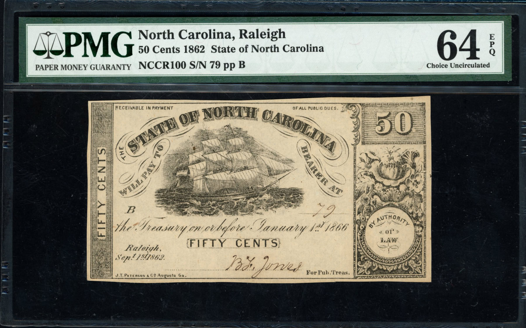 1862 Raleigh, North Carolina State of North Carolina 50 Cents Note PMG ...