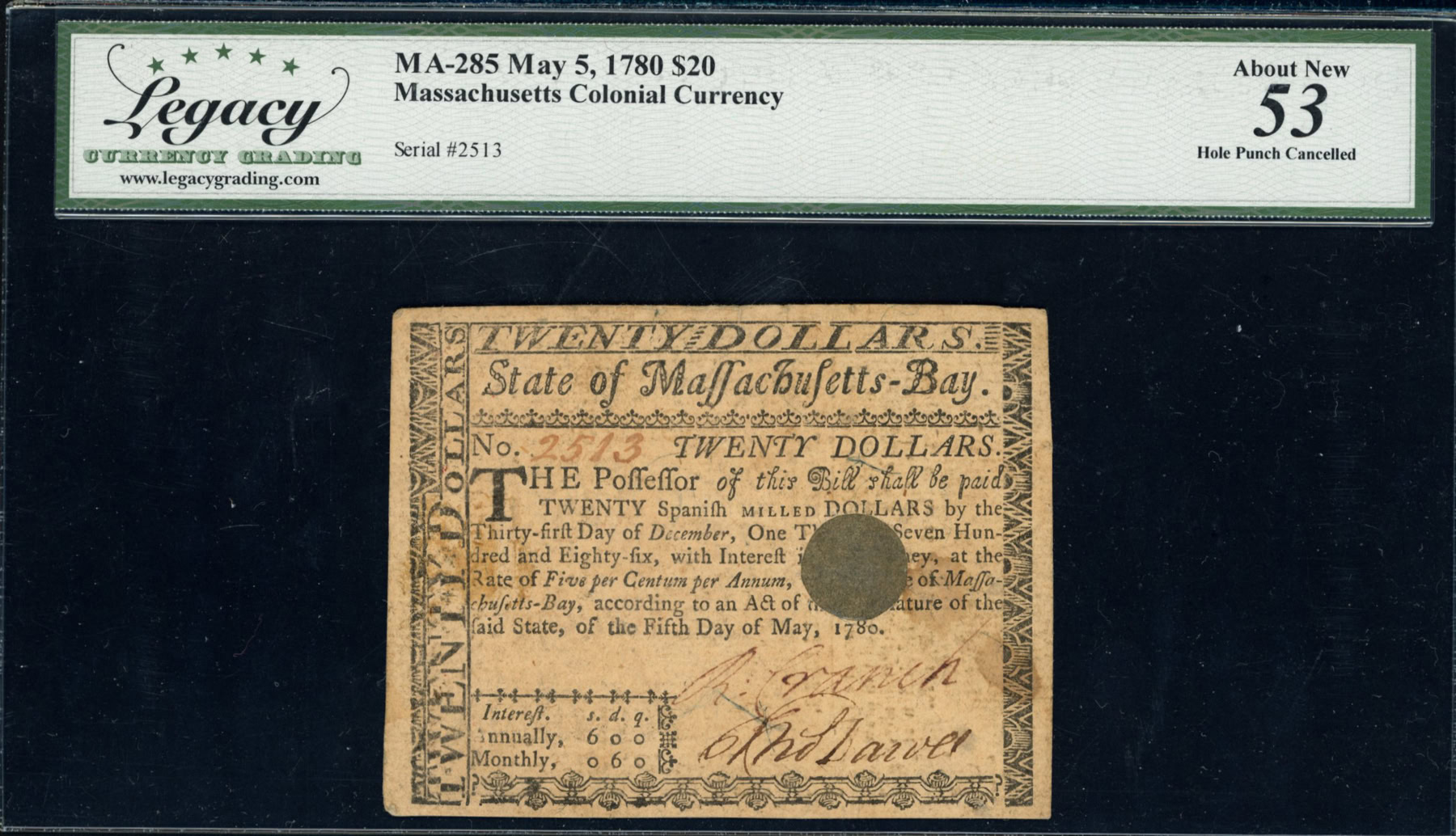 Fr. MA-285 May 5, 1780 $20 Massachusetts Colonial Note Legacy About New ...
