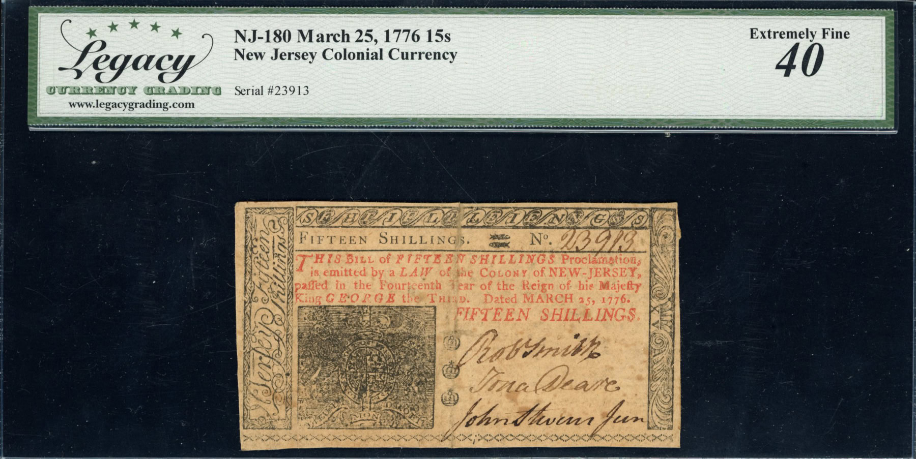 Fr. NJ-180 Mar. 25, 1776 15 Shillings New Jersey Colonial Note Legacy ...