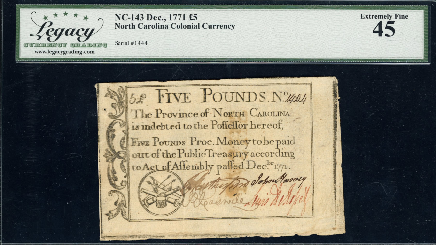 Fr. NC-143 Dec. 1771 £5 North Carolina Colonial Note Legacy Extremely ...