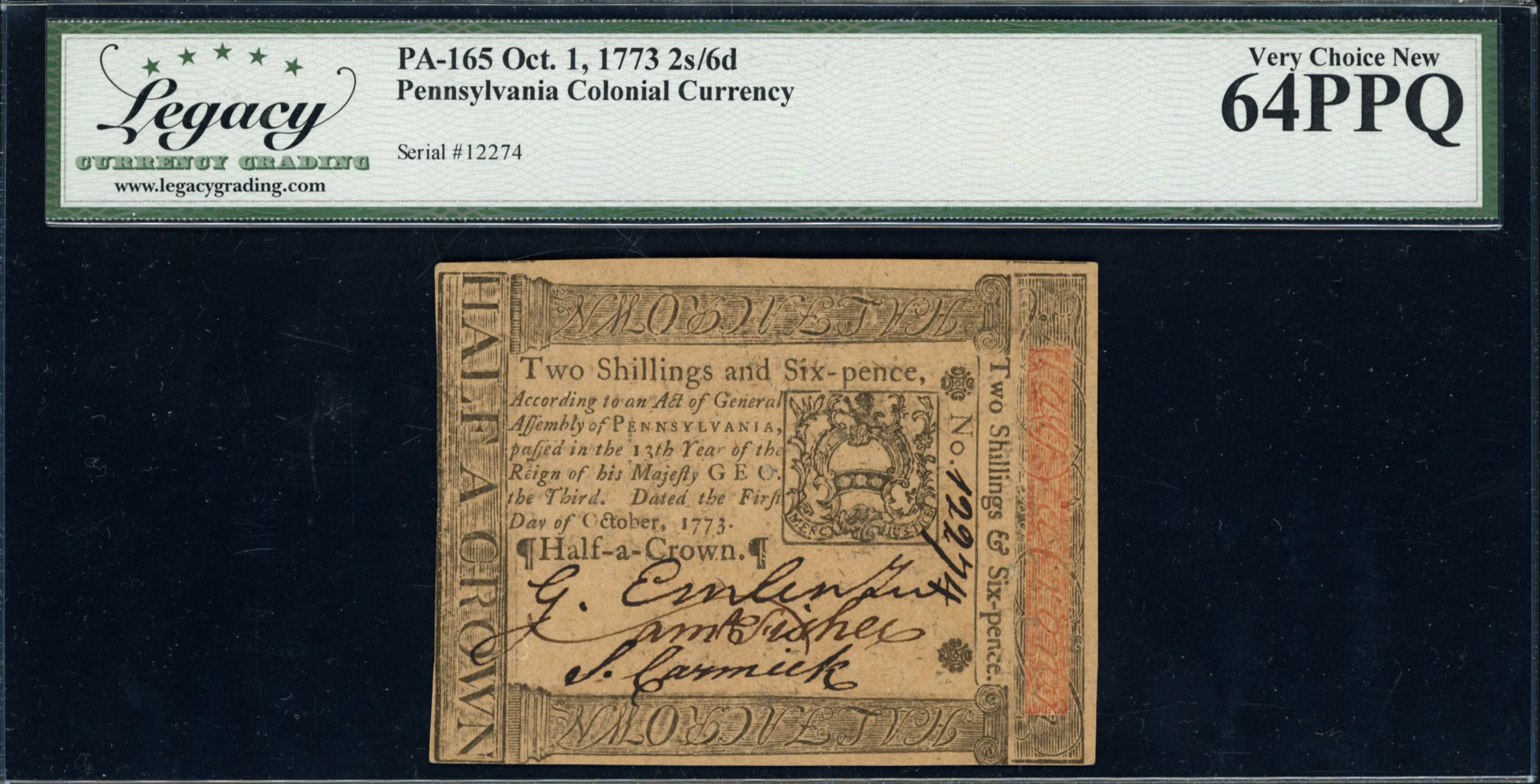 Fr. PA-165 Oct. 1, 1773 2 Shillings, 6 Pence Pennsylvania Colonial Note ...