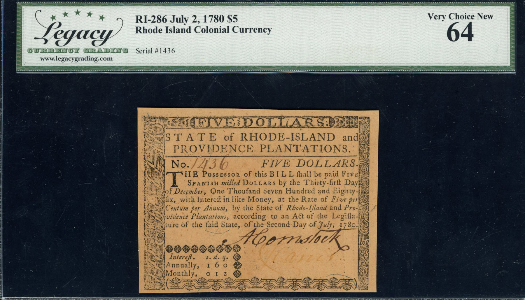 Fr. RI-286 Jul. 2, 1780 $5 Rhode Island Colonial Note Legacy Very ...