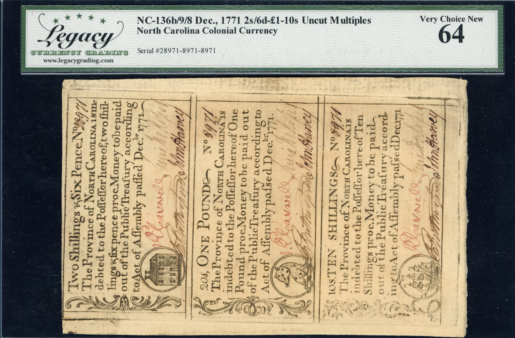 Fr. NC-136b/9/8 Dec., 1771 2 Shillings, 6 Pence, £1, 10 Shillings North ...