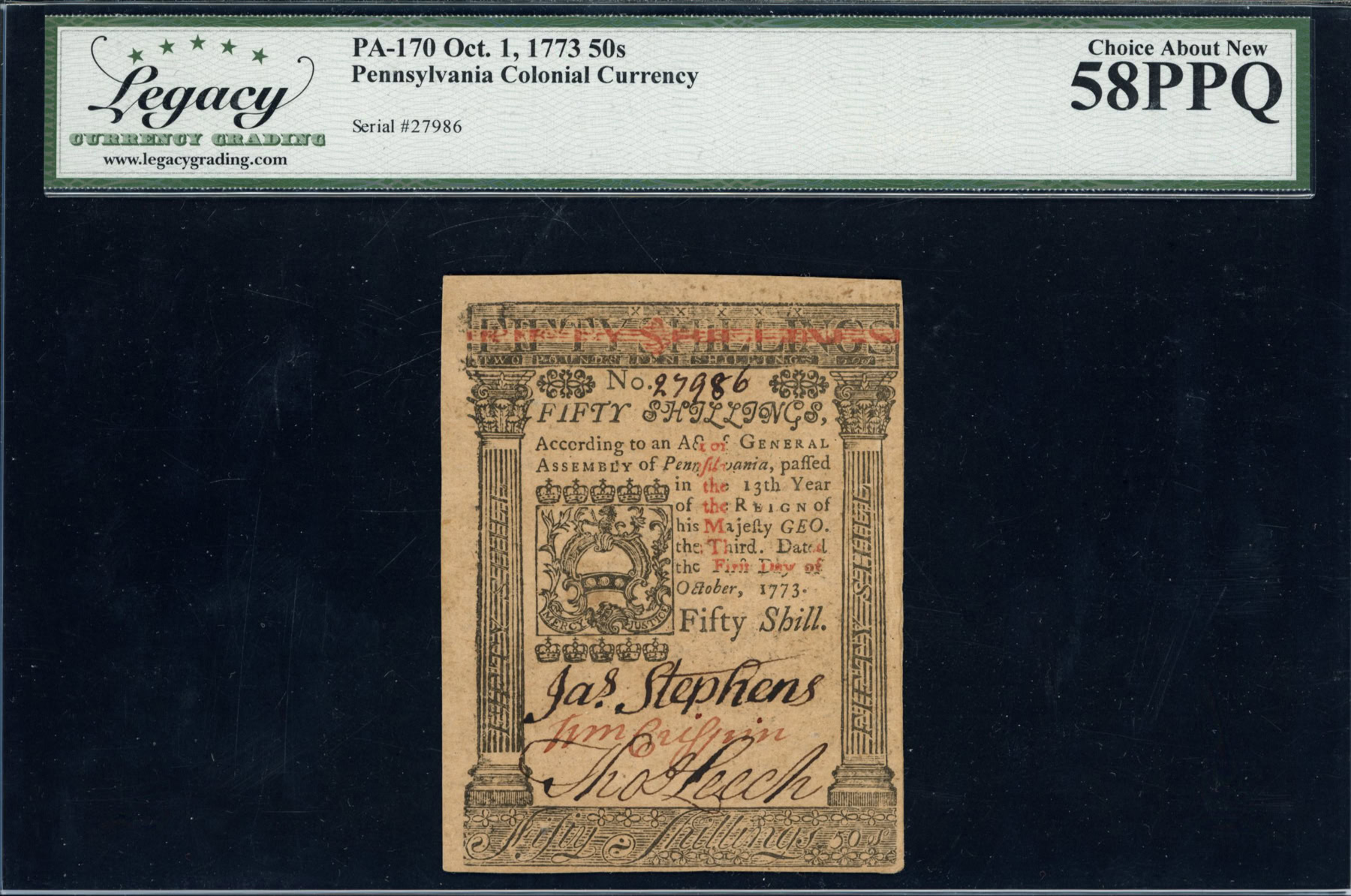 Fr. PA-170 Oct. 1, 1773 50 Shillings Pennsylvania Colonial Note Legacy ...