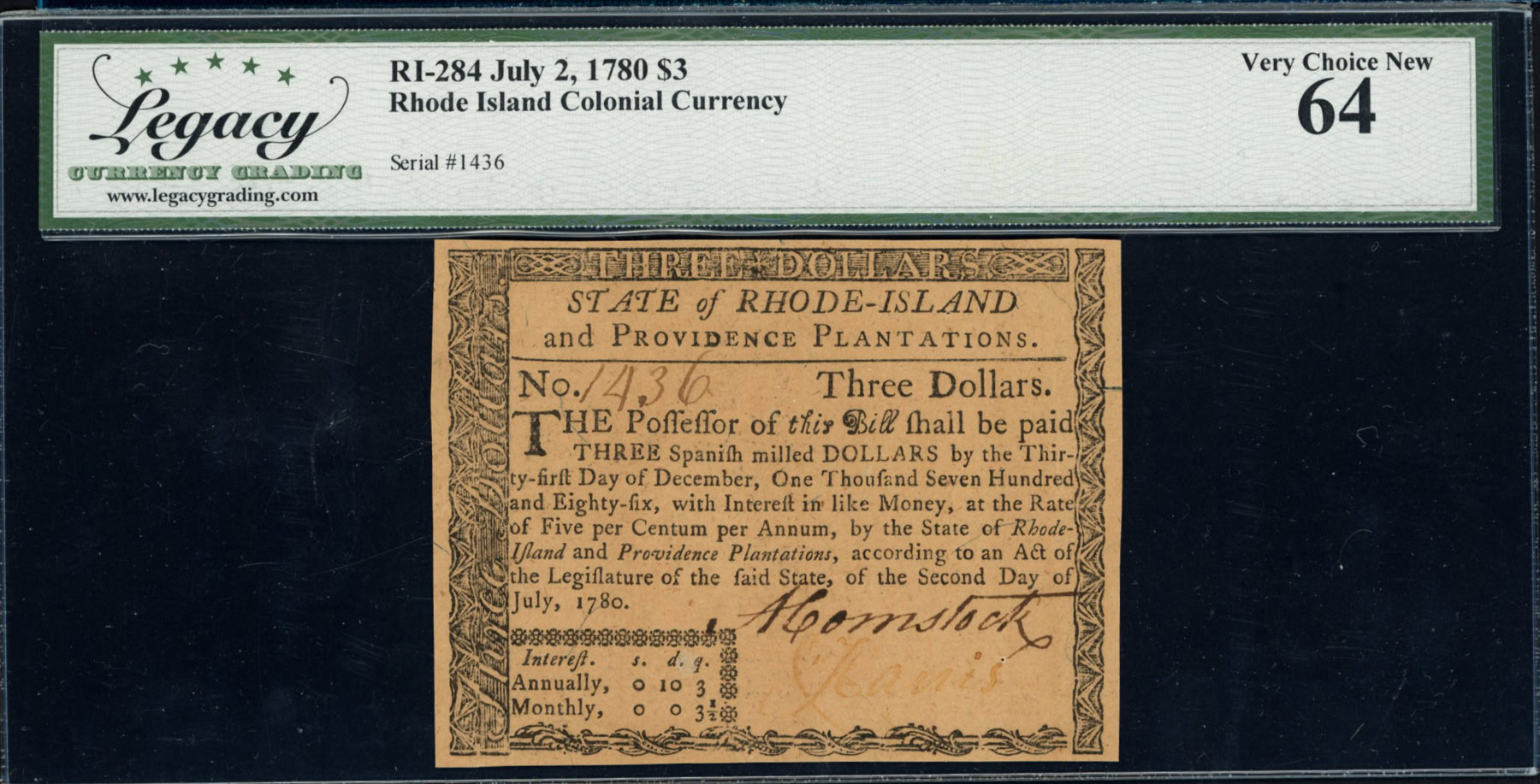 Fr. RI-284 Jul. 2, 1780 $3 Rhode Island Colonial Note Legacy Very ...