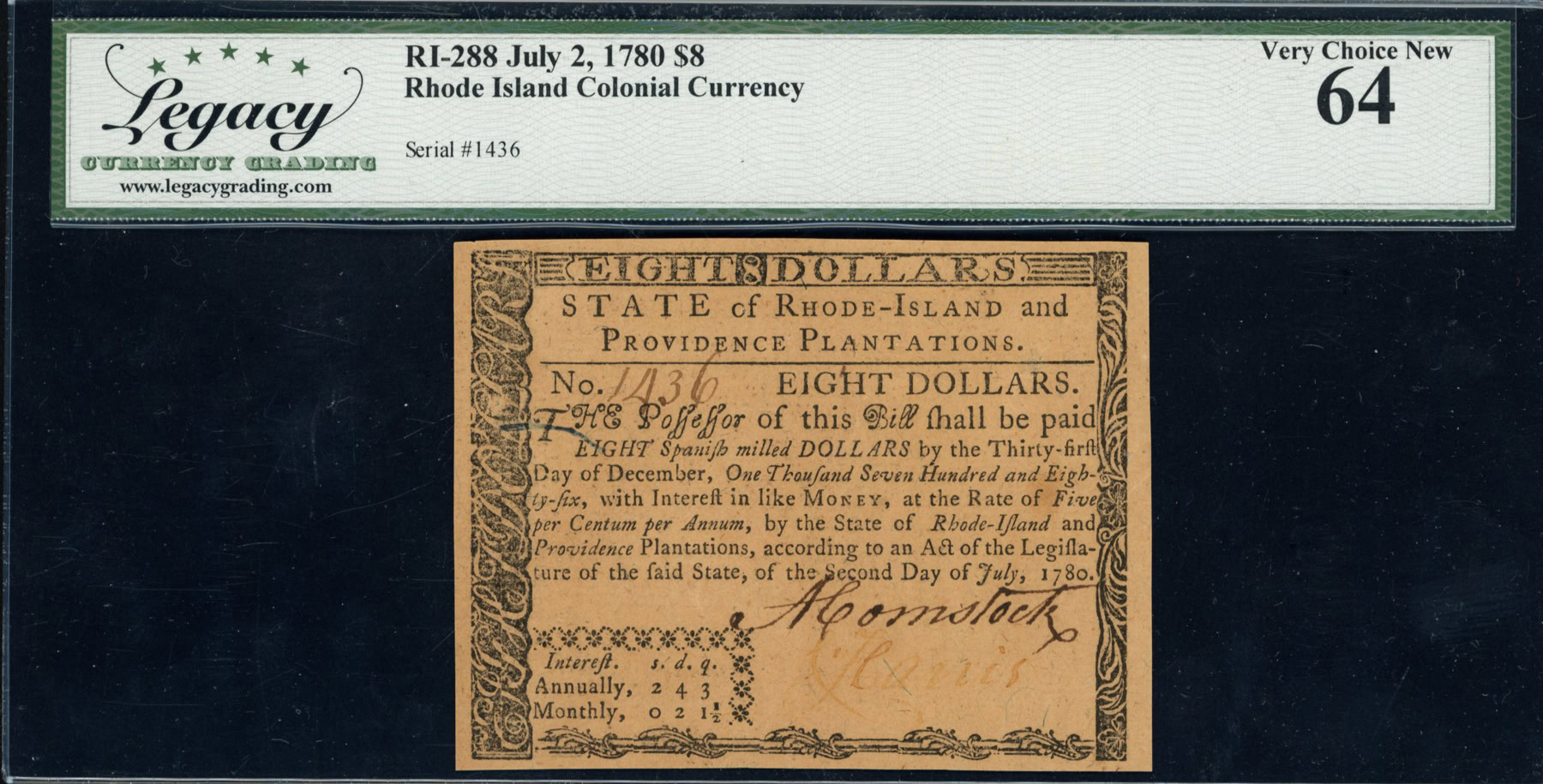 Fr. RI-288 Jul. 2, 1780 $8 Rhode Island Colonial Note Legacy Very ...