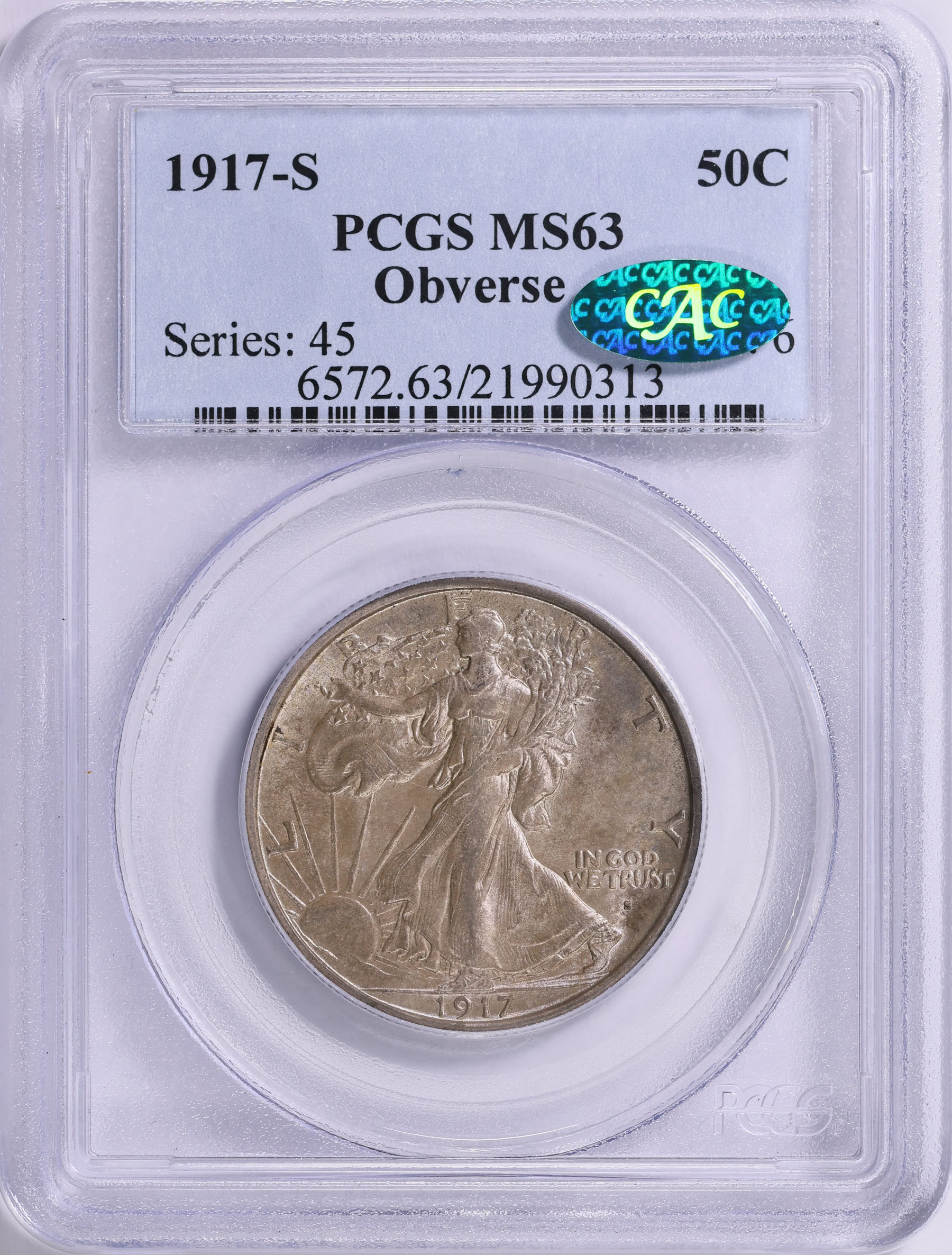 1917-S Walking Liberty Half Dollar Obverse Mintmark PCGS MS-63 (CAC Green) (Toned) (Item 1762782 ...
