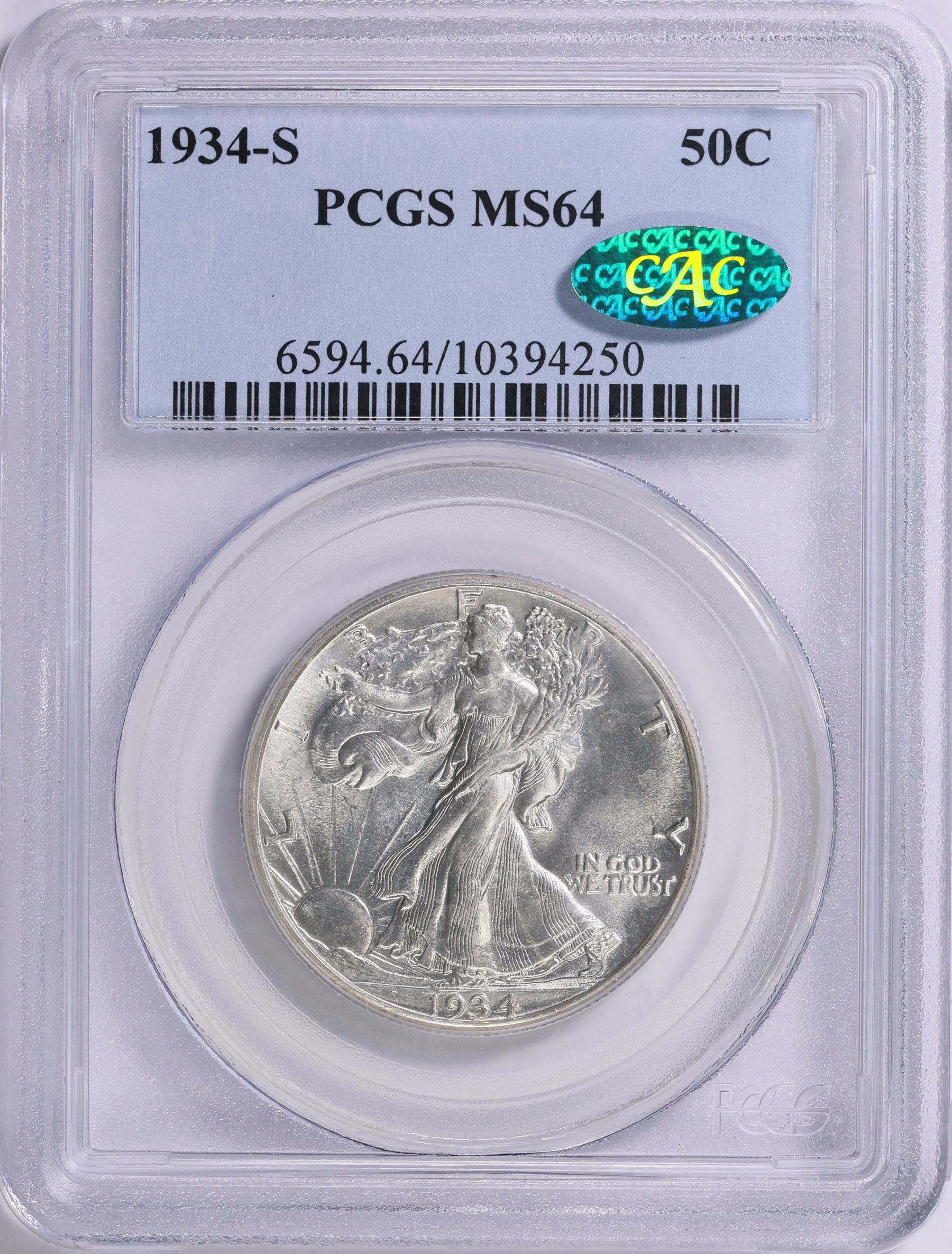 1934-S Walking Liberty Half Dollar PCGS MS-64 (CAC Green) (Item 1762793) | GreatCollections Coin ...